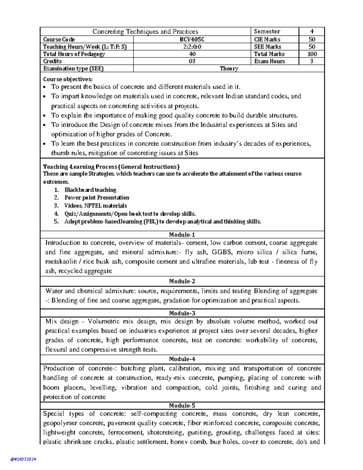 BCV405C Concreting Techniques & Practices S4 Syllabus Overview - Studocu