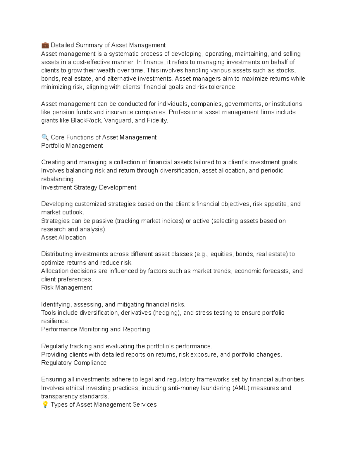 Finance - Assest Management - 💼 Detailed Summary of Asset Management ...