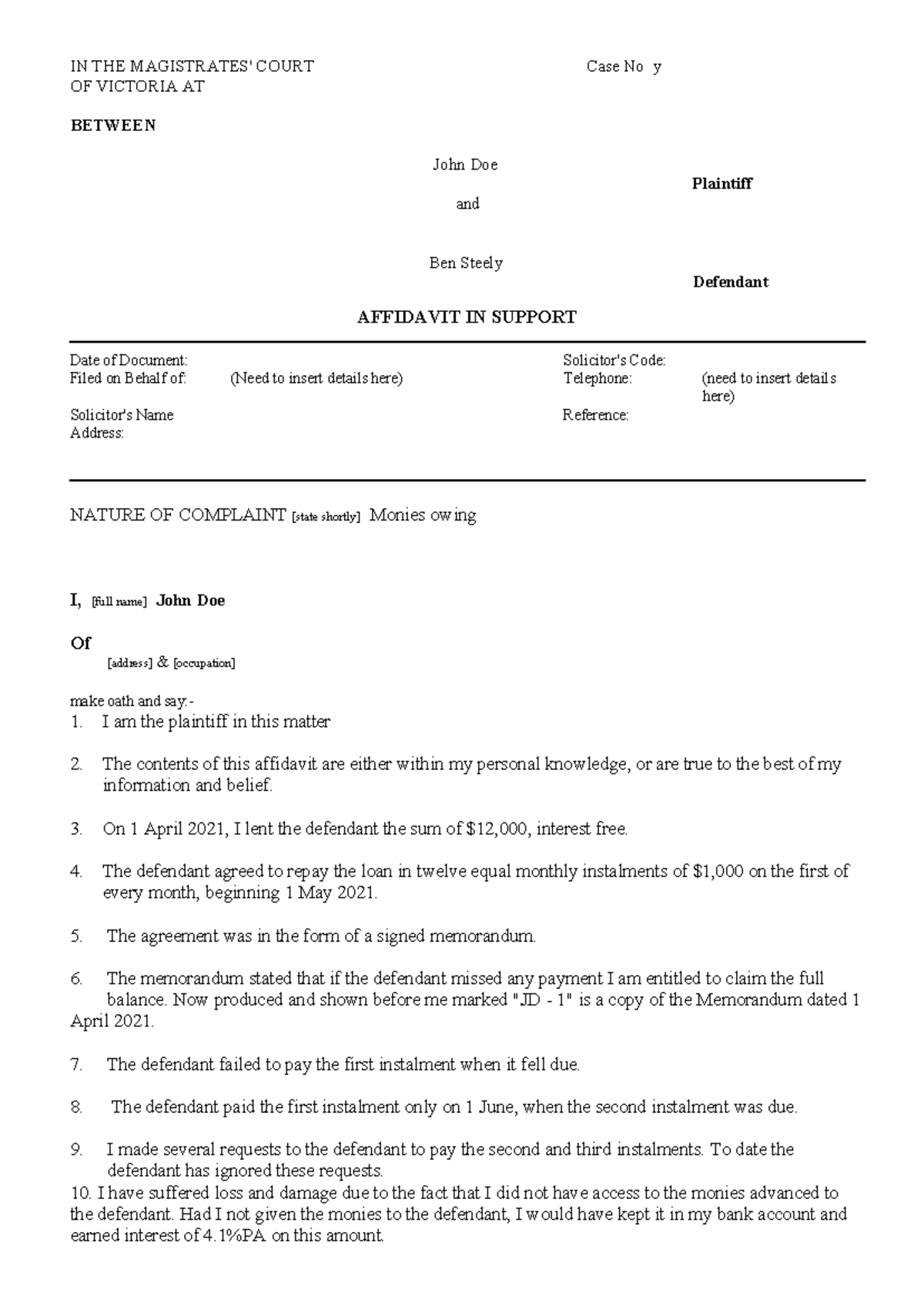 Affidavit in Support of John Doe v. Ben Steely - Case No y - Studocu