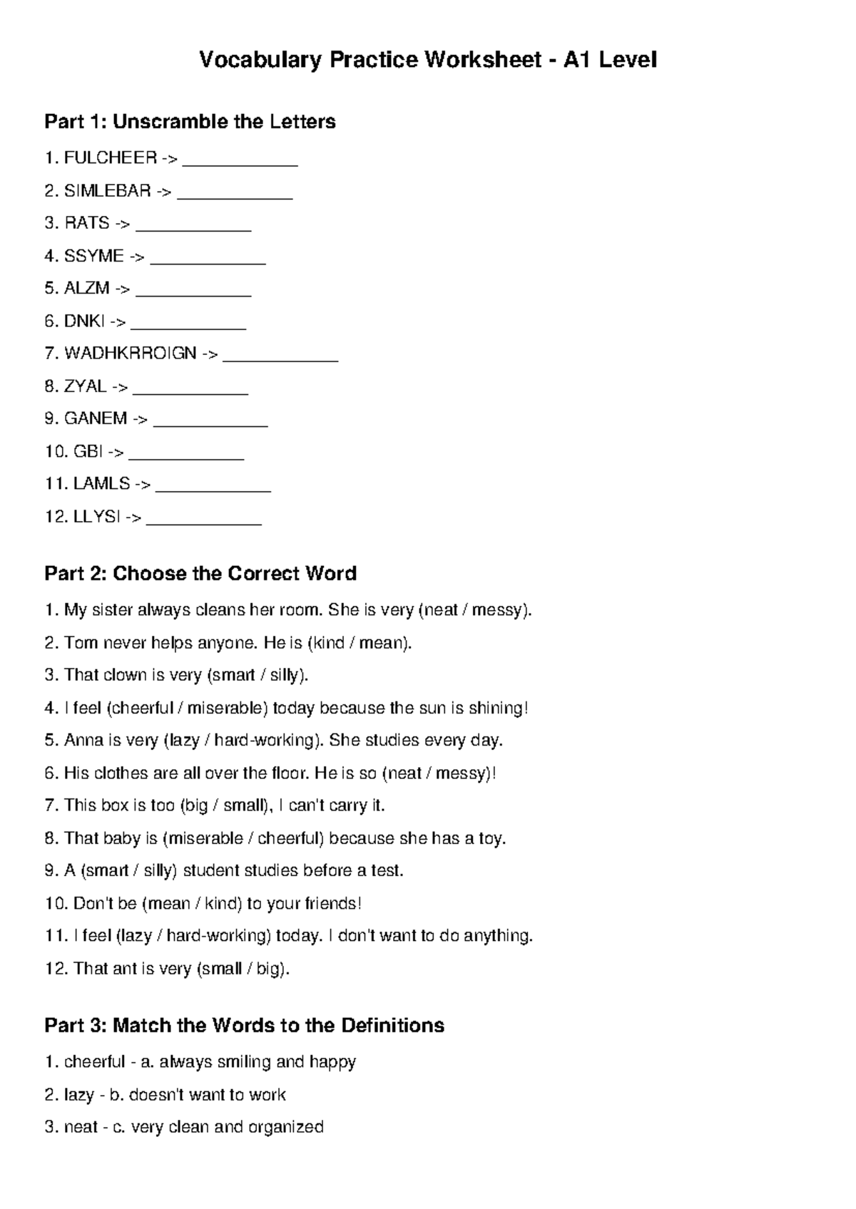 A1 Vocabulary Practice Worksheet: Unscramble & Word Choice - Studocu