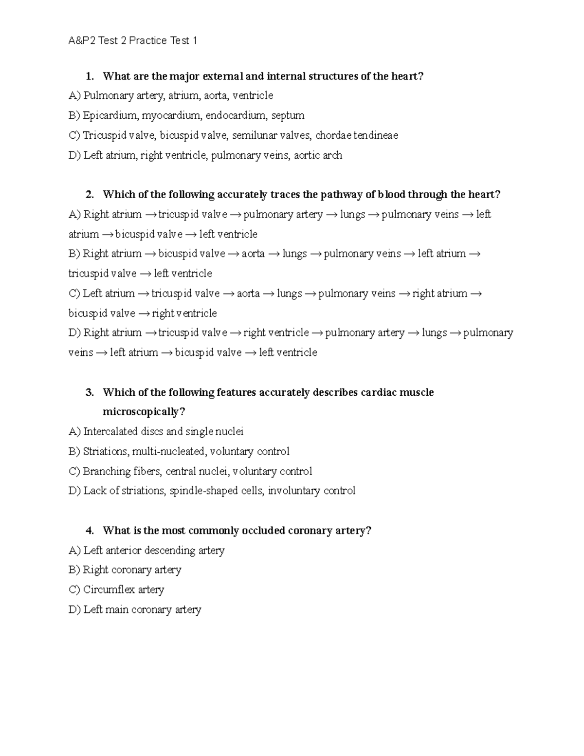 A&P2 Test 2 Heart Structure and Function Practice Questions - Studocu