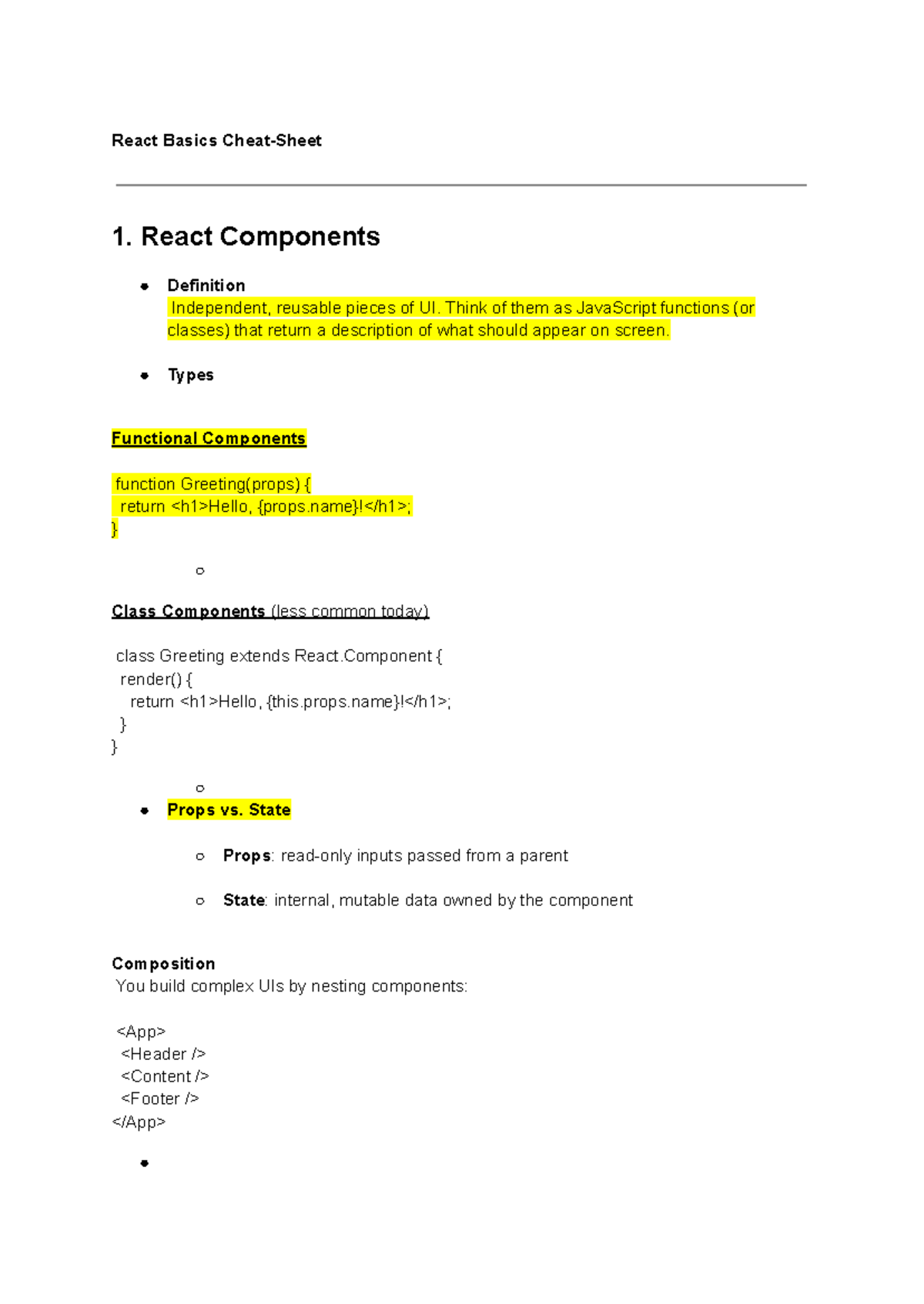 React Basics Cheat-Sheet: Components, Hooks & Vite Overview - Studocu