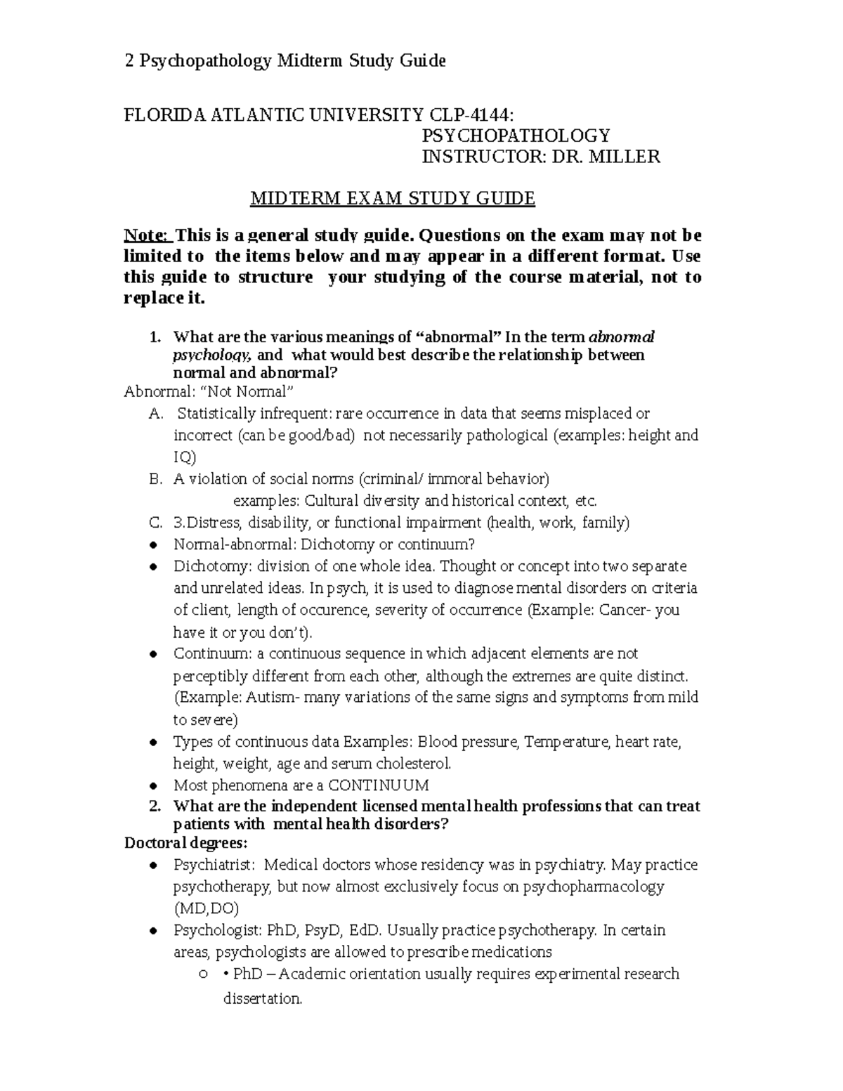 Psychopathology CLP-4144 Midterm Exam Study Guide - Studocu
