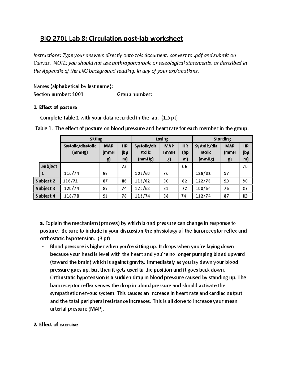 BIO 270L Lab 8: Post-Lab Worksheet on Circulation Mechanisms - Studocu