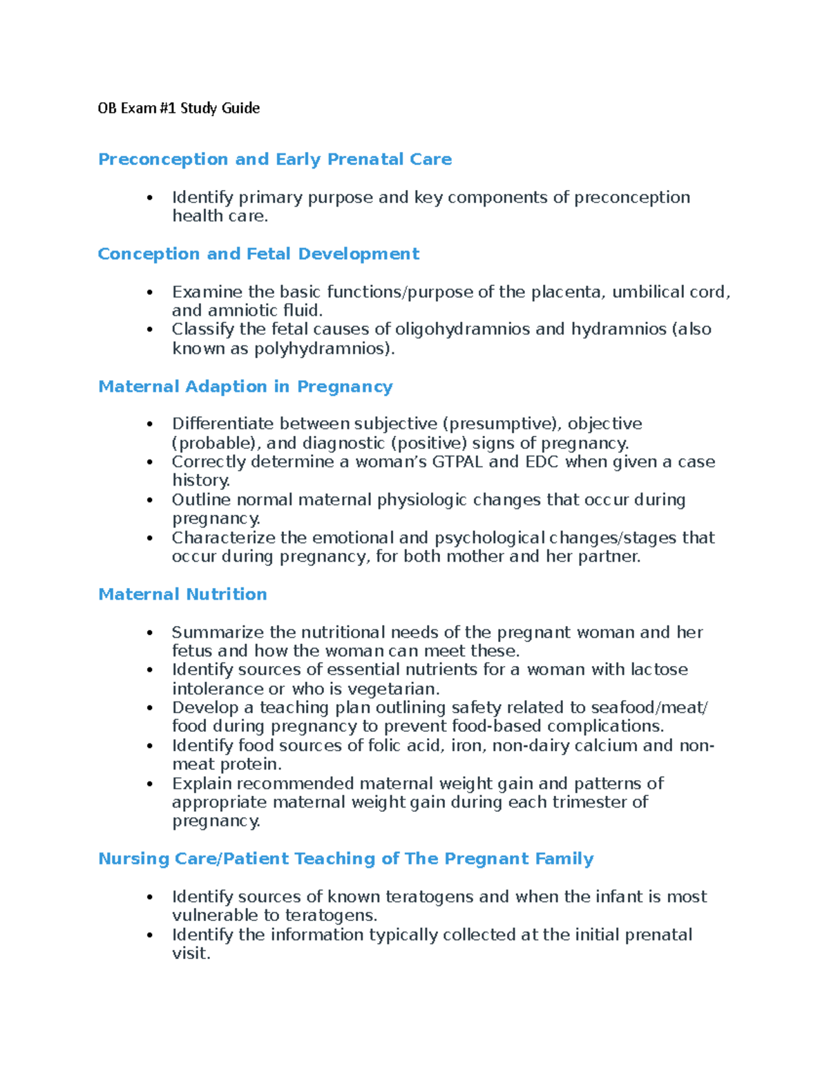 OB Exam #1 Study Guide - Key Concepts in Prenatal Care & Development - Studocu
