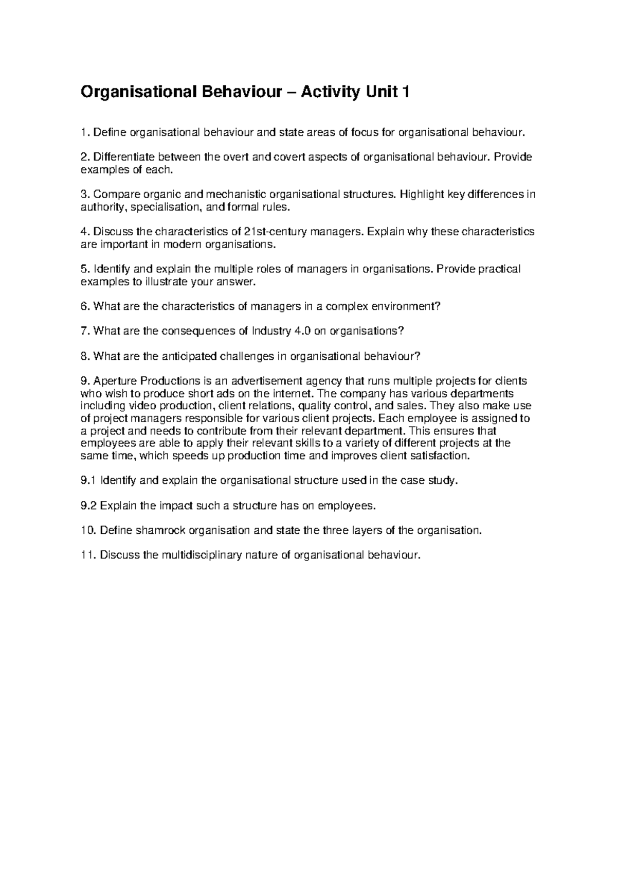 Organisational Behaviour Unit 1: Key Concepts & Case Study Insights ...