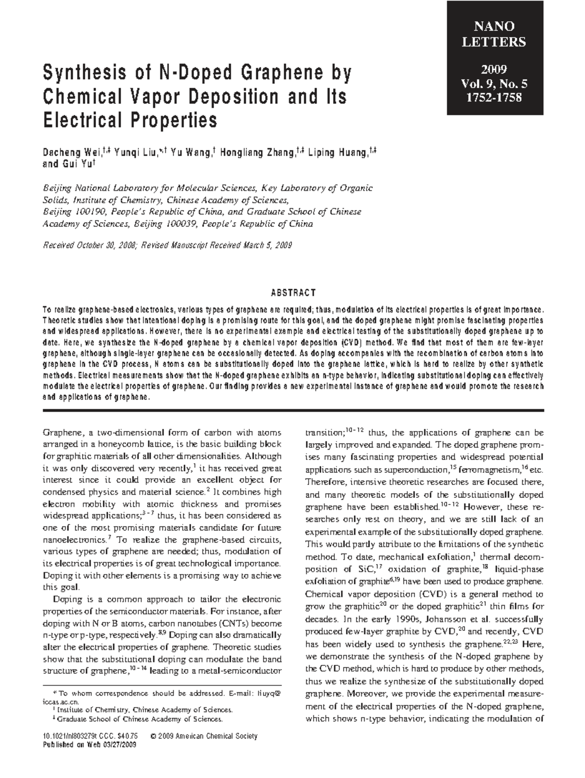 NANO LETTERS: CVD Synthesis of Doped Graphene & Electrical Properties ...