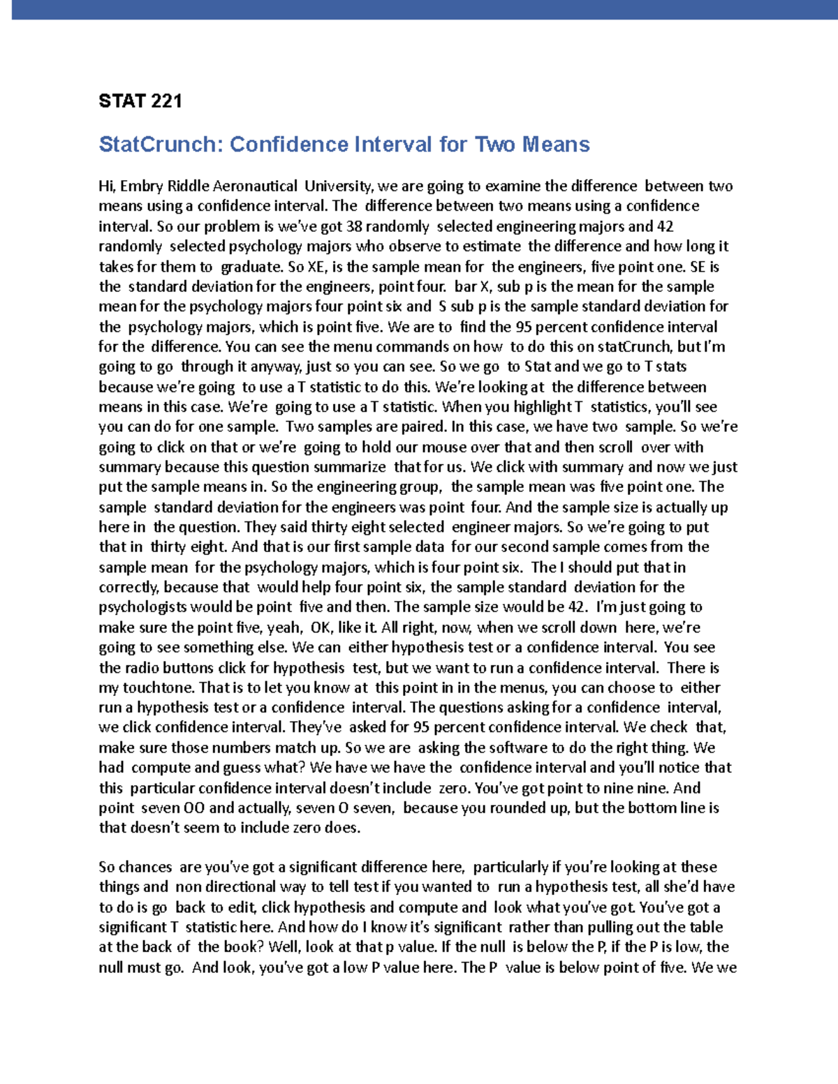 Stat Crunch Confidence Interval for Two Means - STAT 221 StatCrunch ...