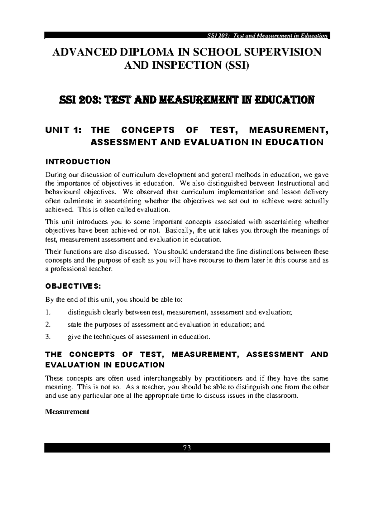SSI 203: Test and Measurement in Education - Unit 1 Overview - Studocu