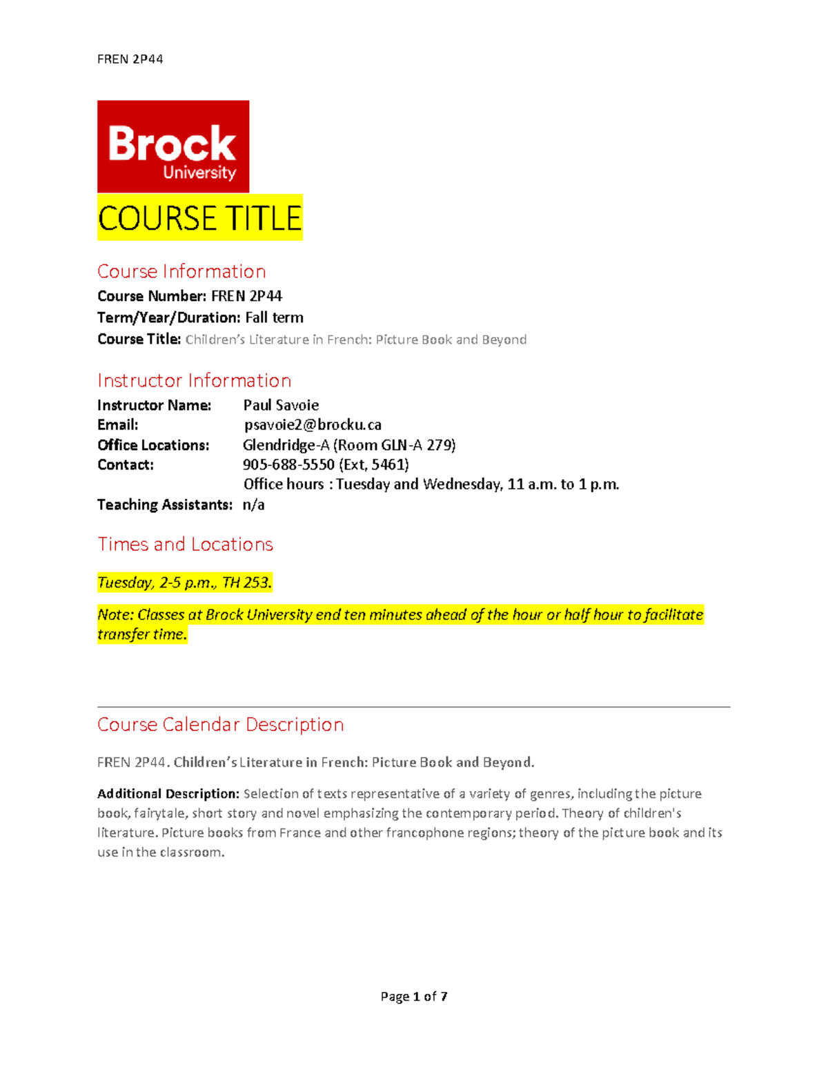 Syllabus FREN 2P44 - Children's Literature: Picture Book & Beyond 2023 ...