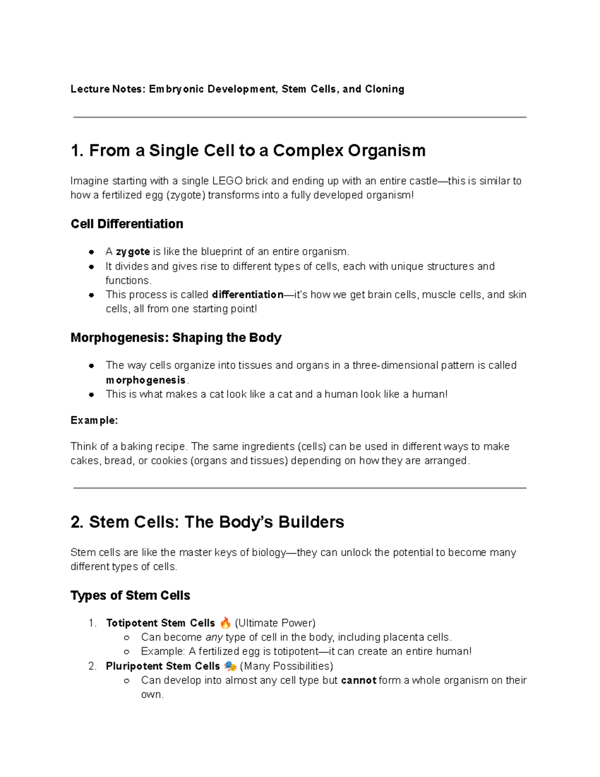 Lecture Notes: Embryonic Dev., Stem Cells & Cloning Insights - Studocu