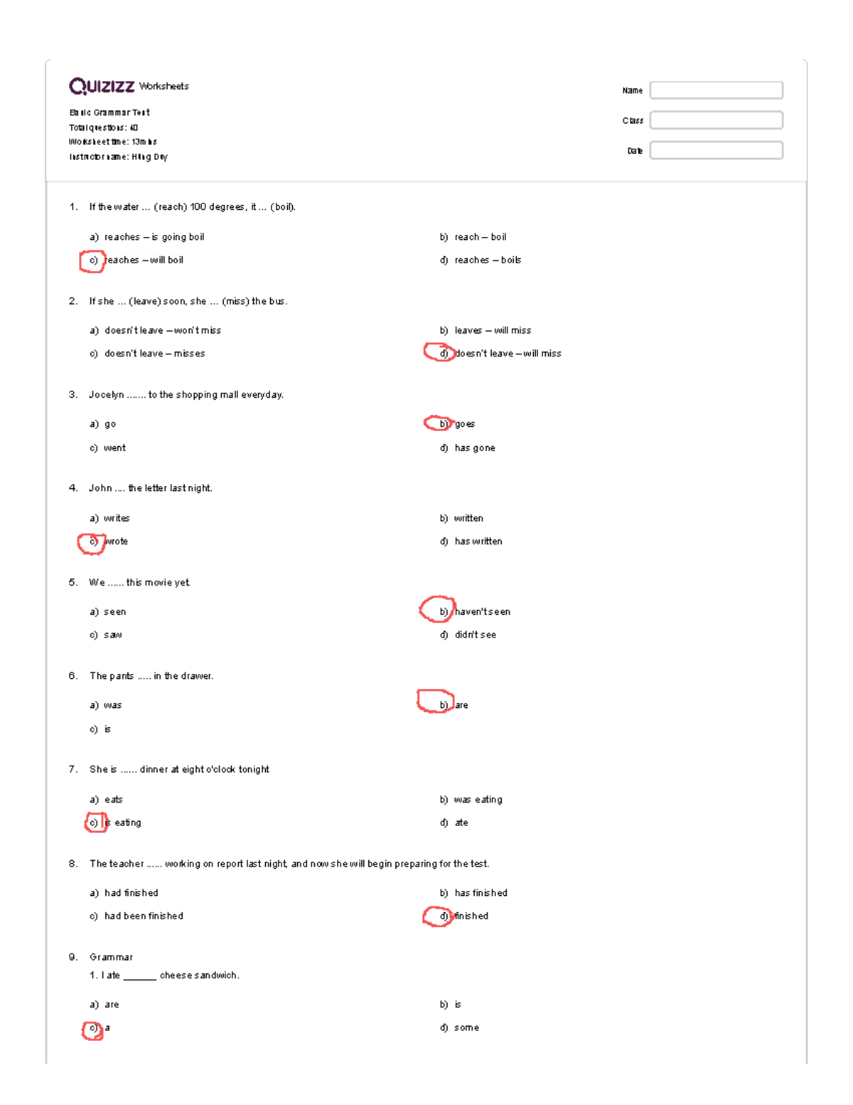 Basic Grammar Test Quiz (40 Qs) - Instructor: Hùng Duy - Studocu