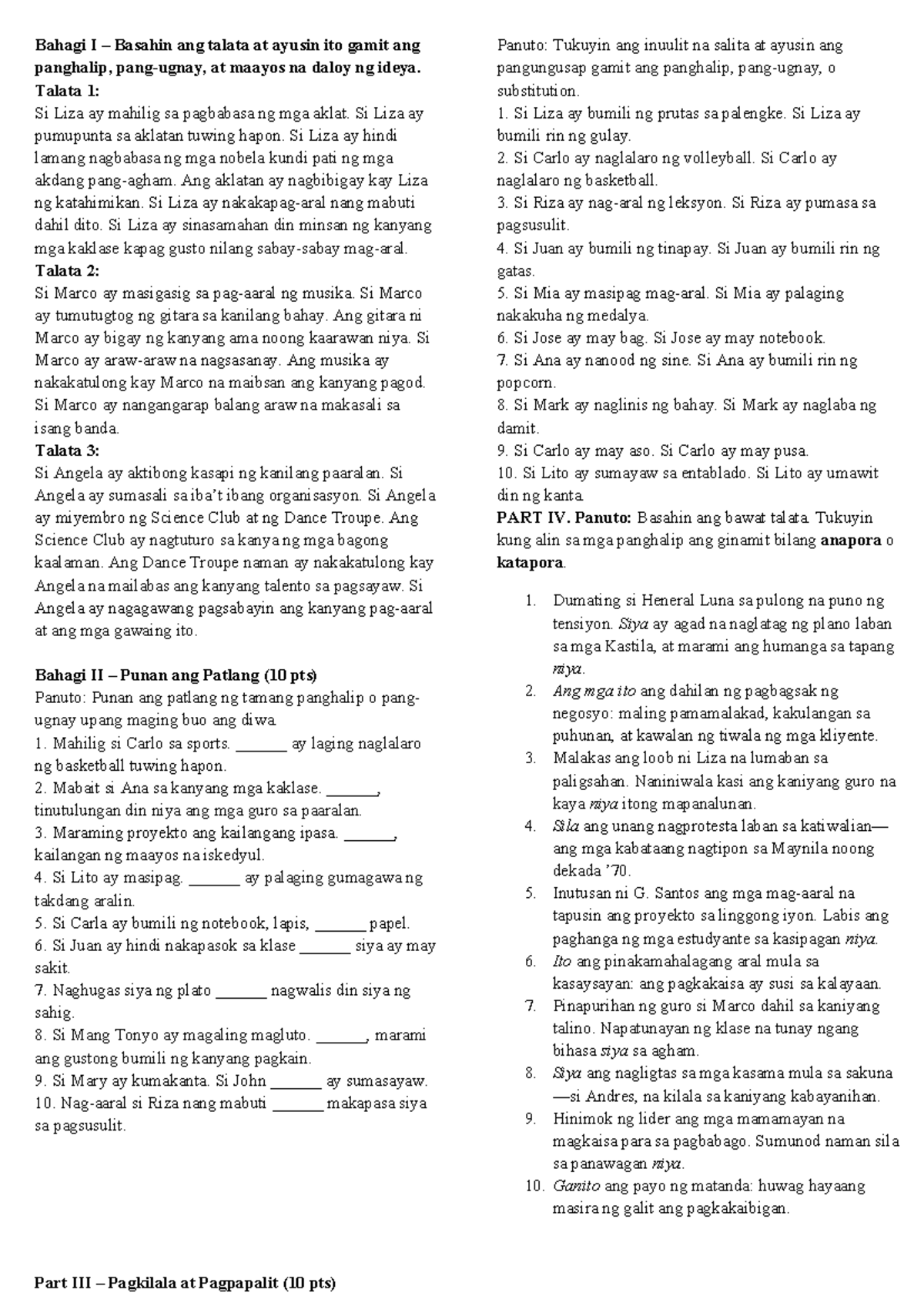 Gawain sa Kohesyong Gramatikal: Pagsasanay sa Paggamit ng Panghalip ...