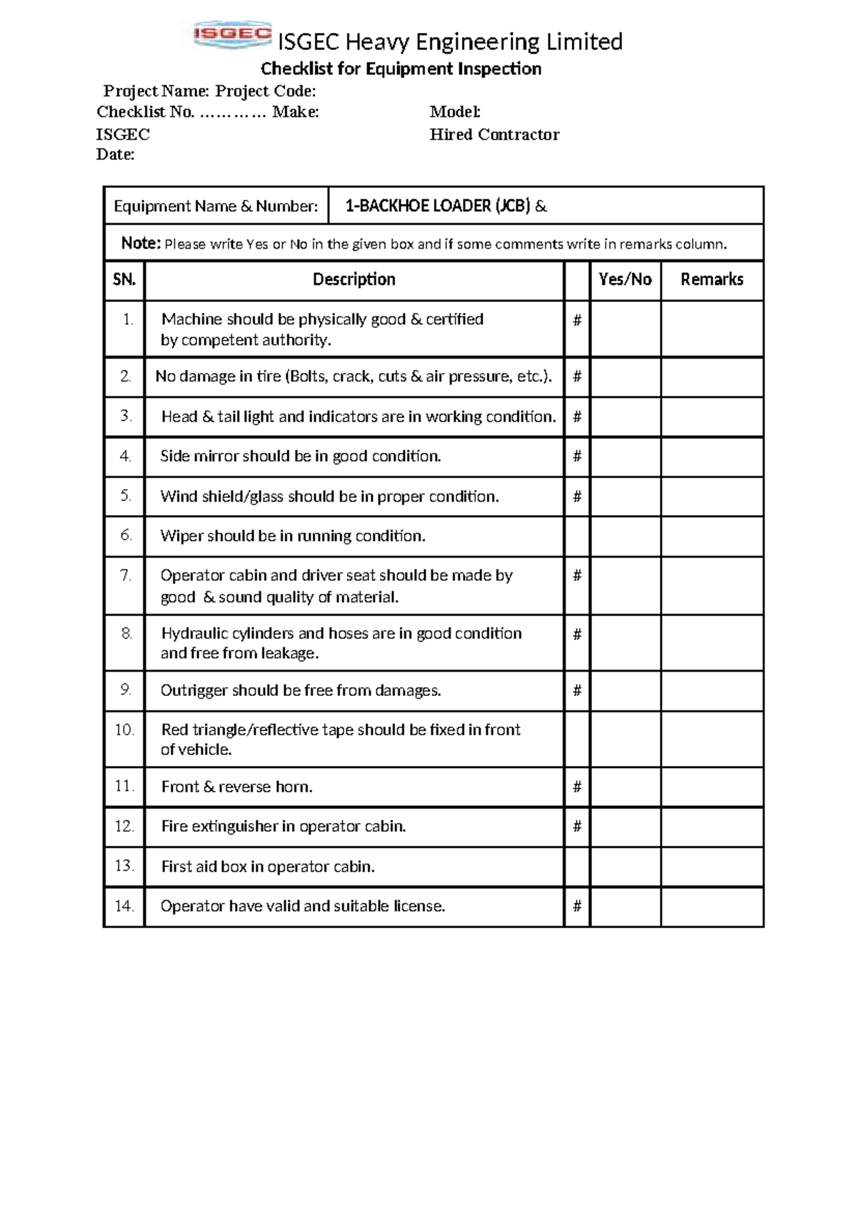 ISGEC Heavy Engineering Limited Equipment Inspection Checklist - SSOMA ...