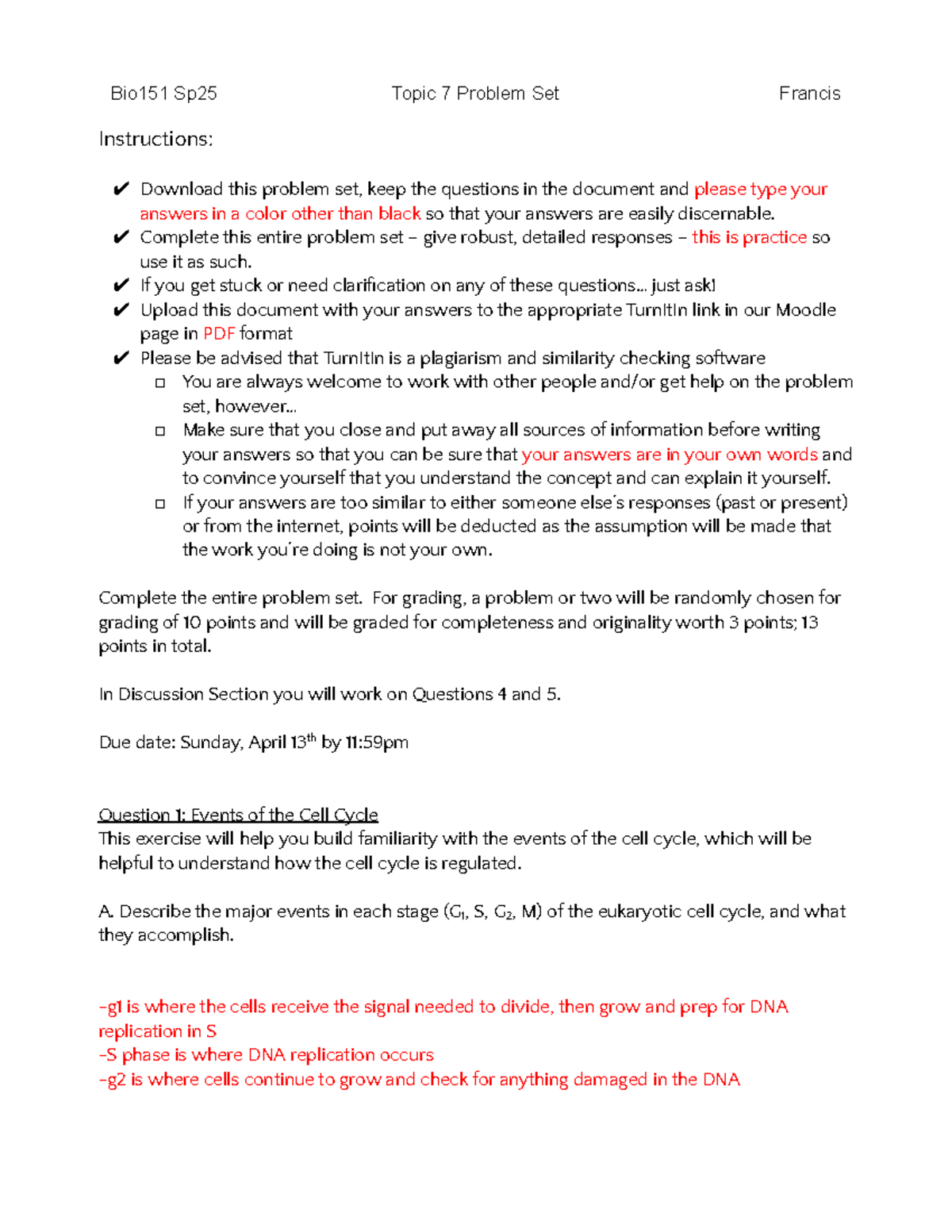 Bio151 Sp25 Topic 7: Comprehensive Cell Cycle Problem Set Analysis ...