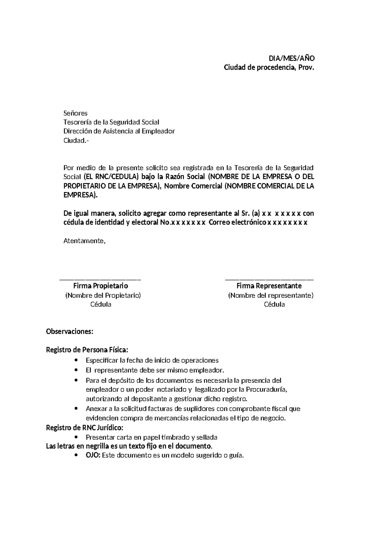 Modelo de Carta TSS para Registro de Empleadores - Guía - Studocu