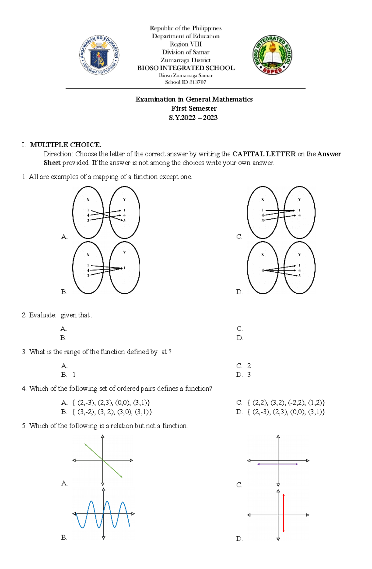 Midterm EXAM IN GEN MATH - Examination in General Mathematics First Semester S – 2023 I ...