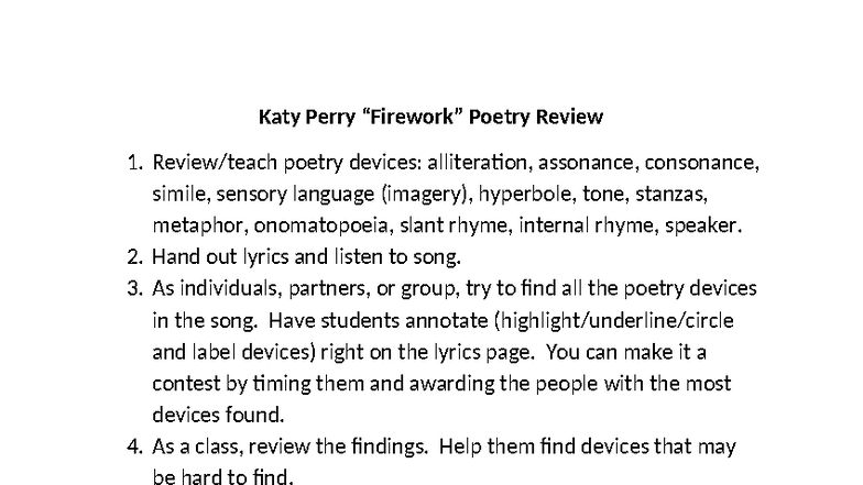 Katy Perry's "Firework" Poetry Devices Review Packet (ENG 101) - Studocu