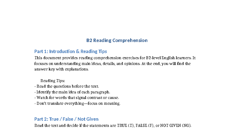 B2 Reading Comprehension Exercises: Strategies & Practice - Studocu