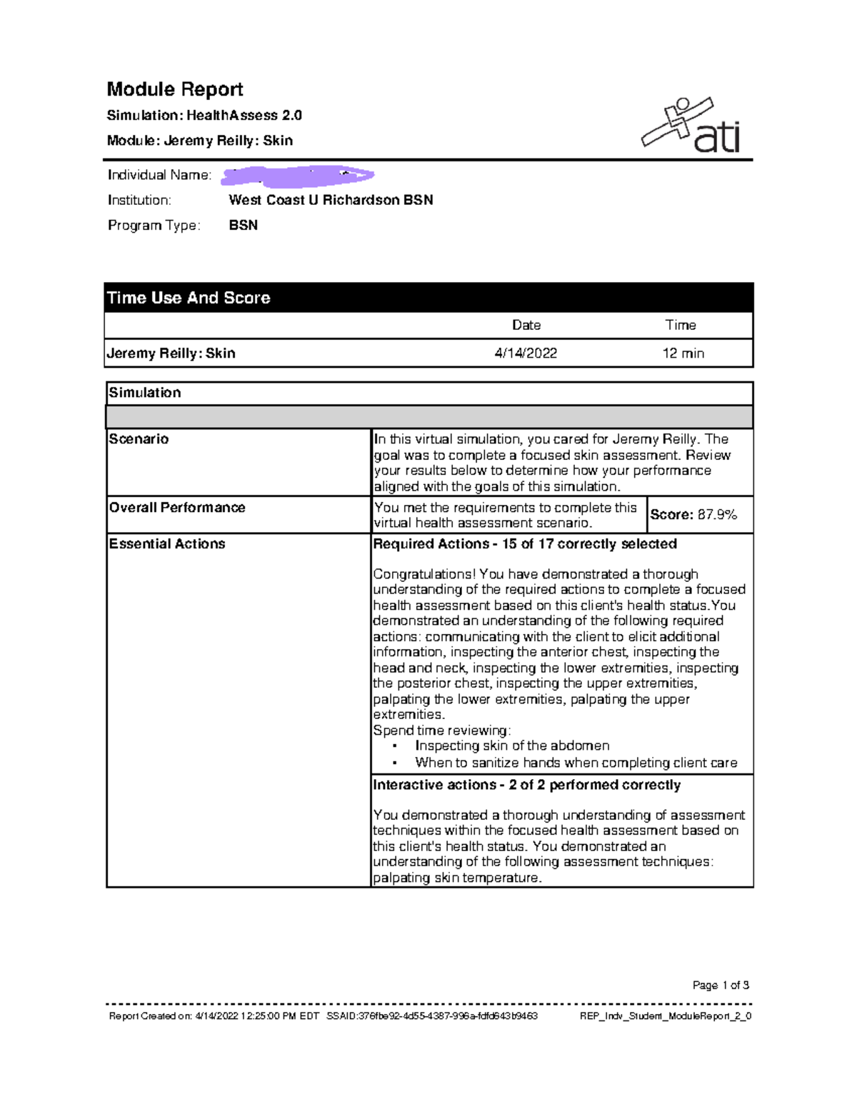 NURS 190 HealthAssess 2.0 - Jeremy Reilly Skin Module Report - Studocu