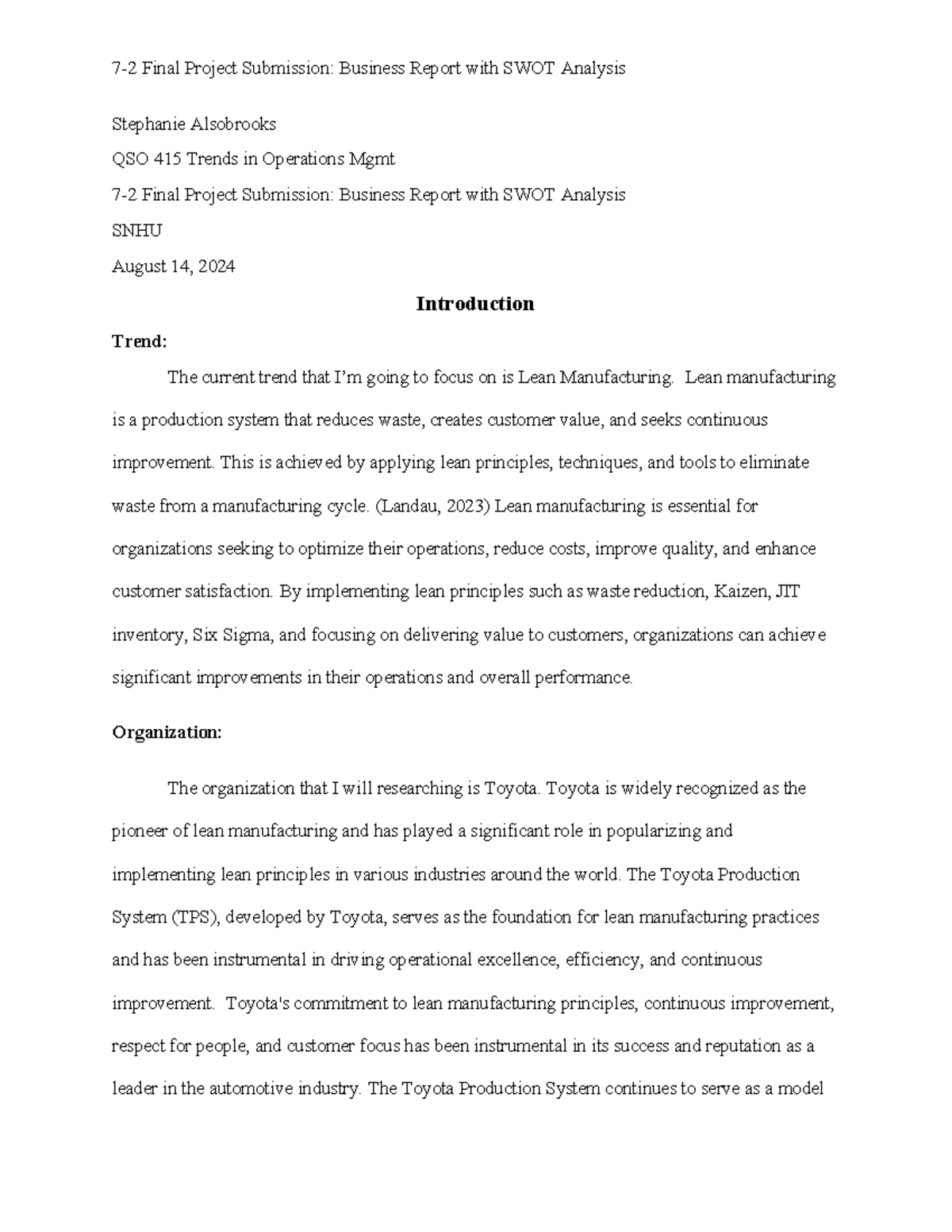 QSO 415 7-2 Final Project: Toyota's Lean Manufacturing SWOT Analysis ...