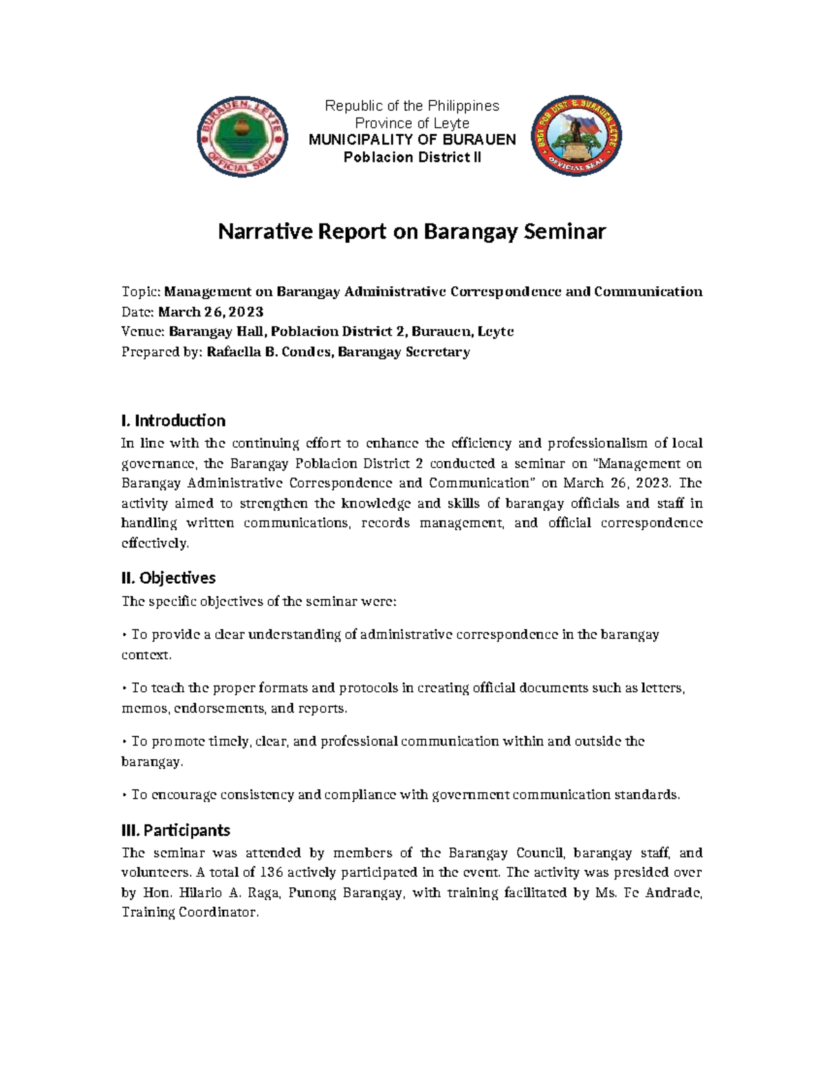 Narrative Report on Barangay Seminar: Admin Correspondence Management ...