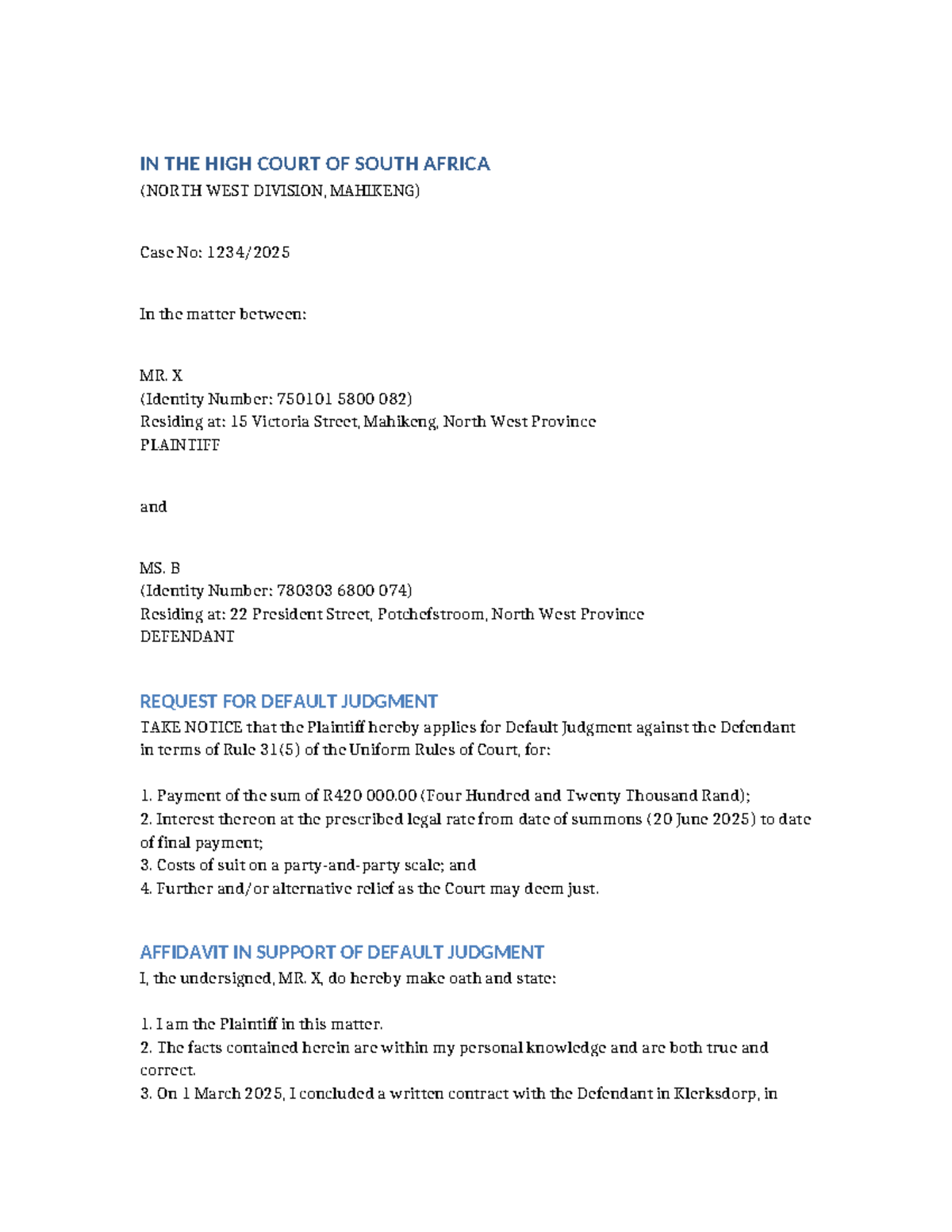 Default Judgment Application - Case No: In the High Court of South ...