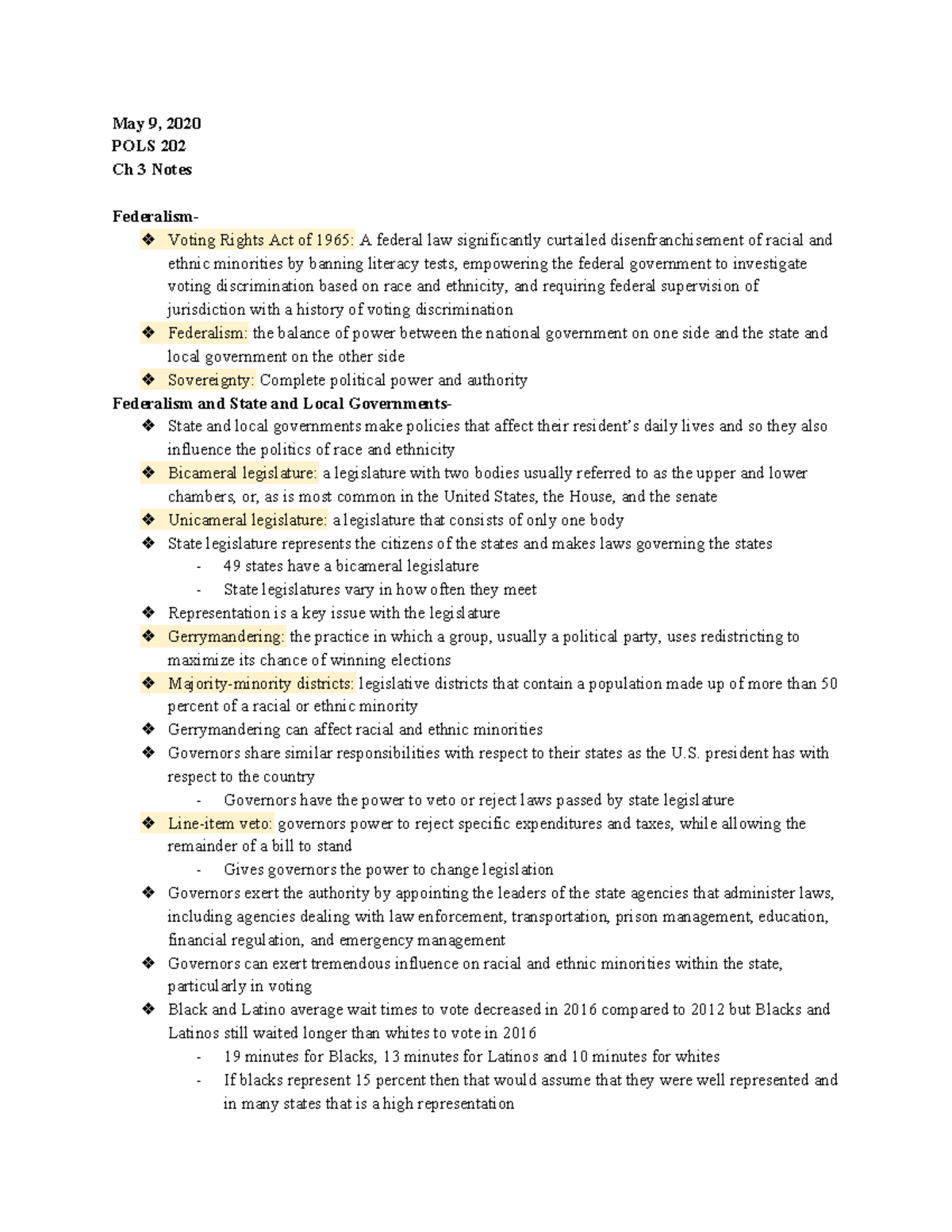 POLS 202 Chp 3 Notes - May 9, 2020 POLS 202 Ch 3 Notes Federalism ...
