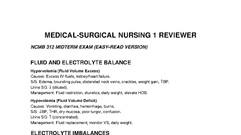 NCMB 312 MEDICAL-SURGICAL NURSING MIDTERM REVIEWER (EASY READ) - Studocu