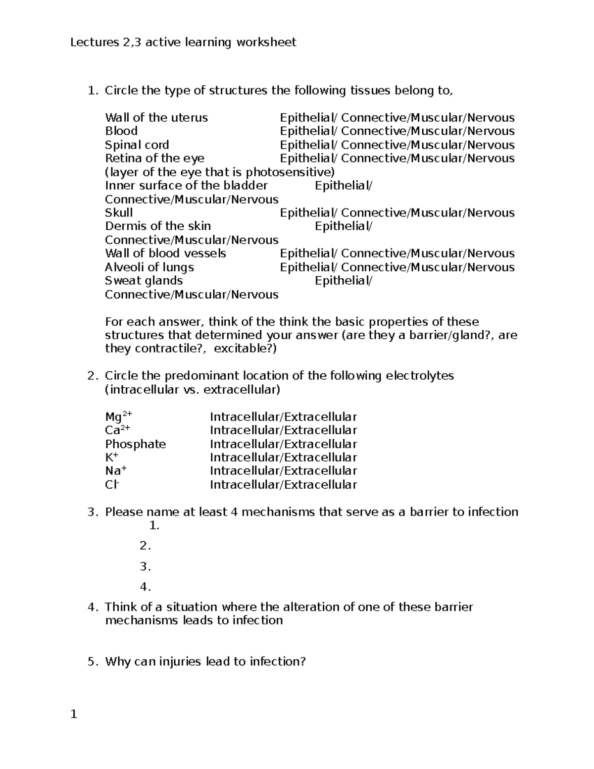 Active Learning Worksheet 2,3: Structures, Barriers, and Infections ...