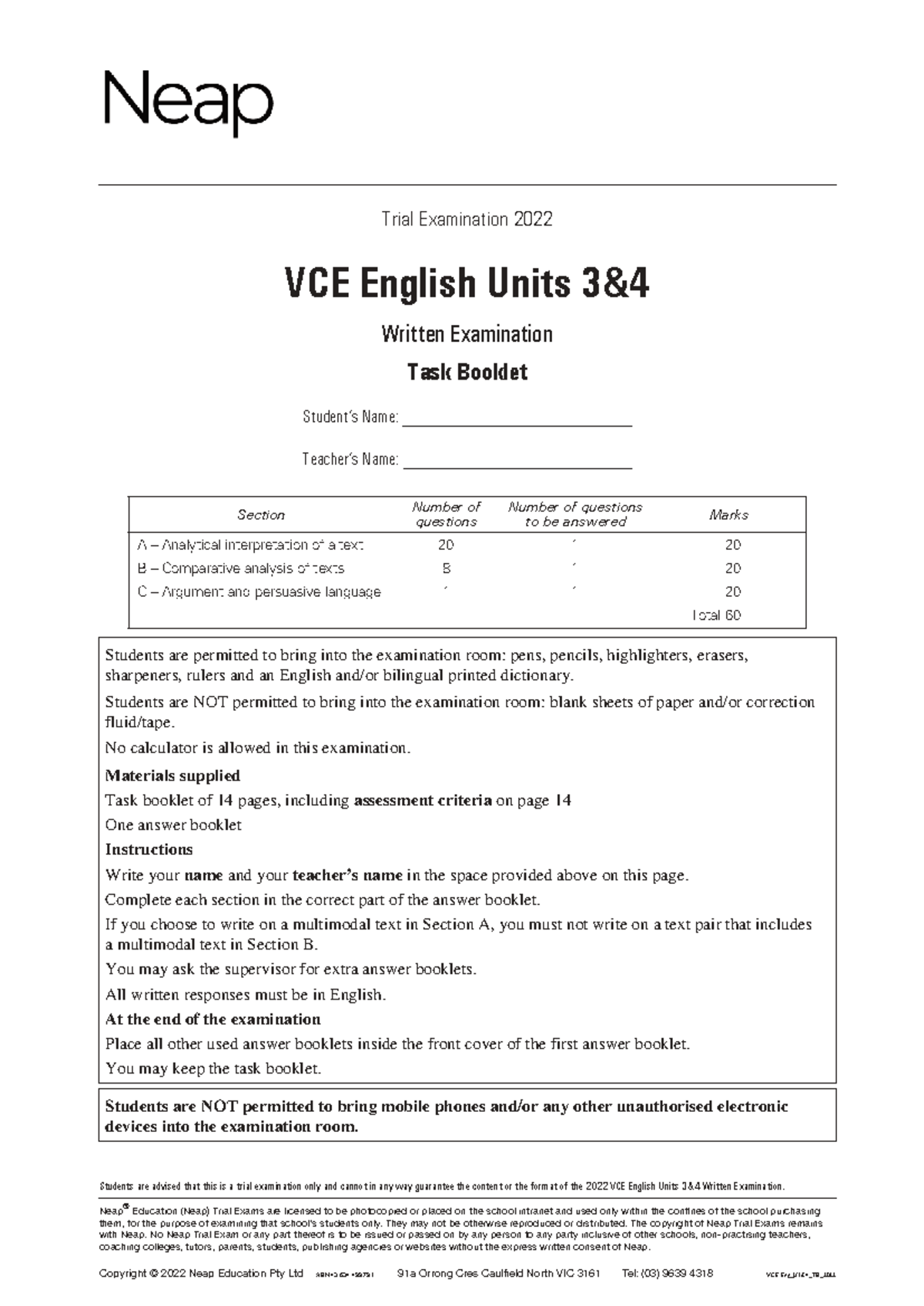 2022 VCE English Units 3 & 4 Trial Examination Task Booklet - Studocu