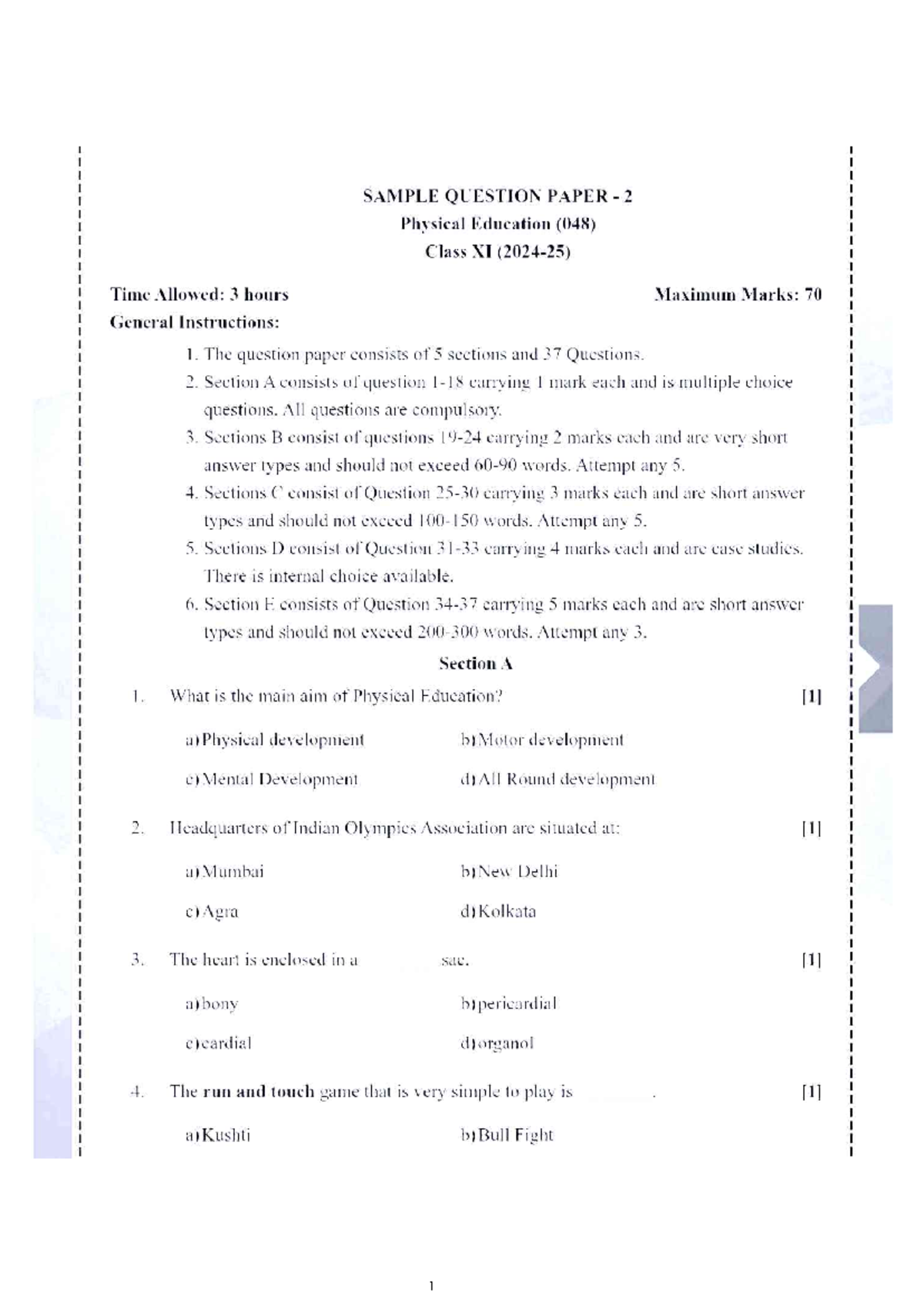 Physical Education (048) Class XI Sample Question Paper 2 - Studocu