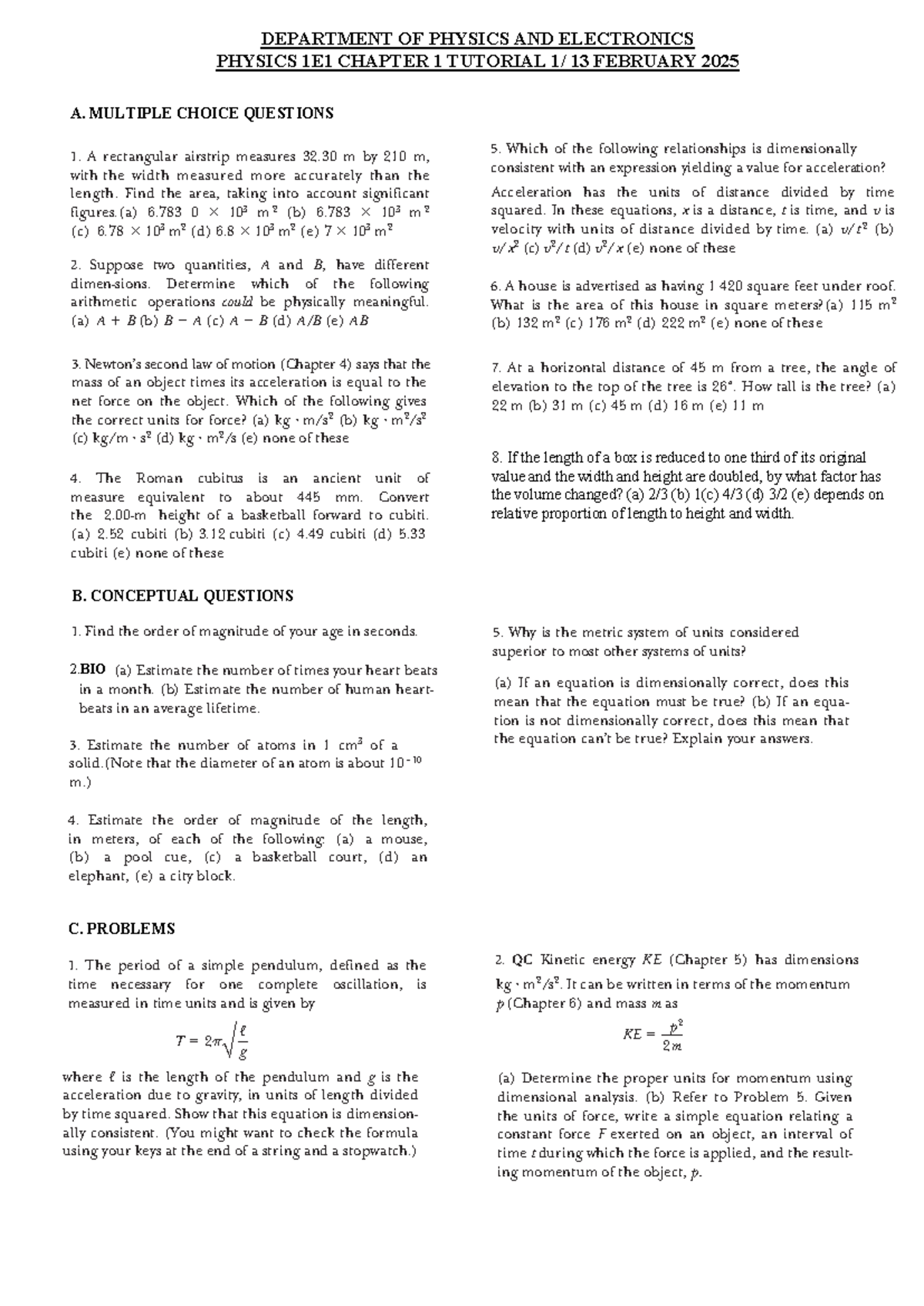 PHYSICS 1E1 CHAPTER 1 TUTORIAL MULTIPLE CHOICE QUESTIONS - Studocu