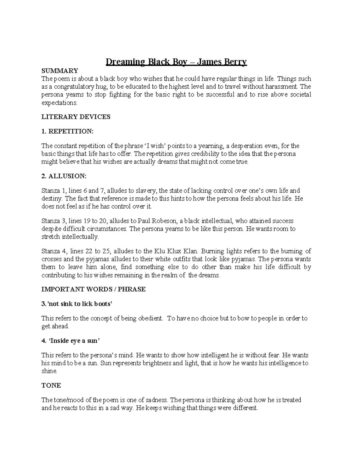 Dreaming Black Boy (Summary & Analysis) - Literature Notes - Studocu