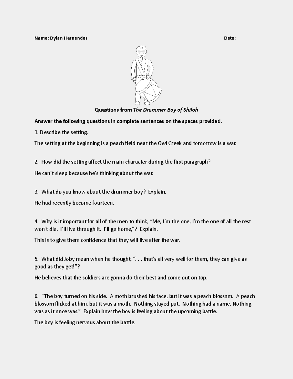 Drummer Boy of Shiloh Quiz Questions Analysis and Responses - Studocu