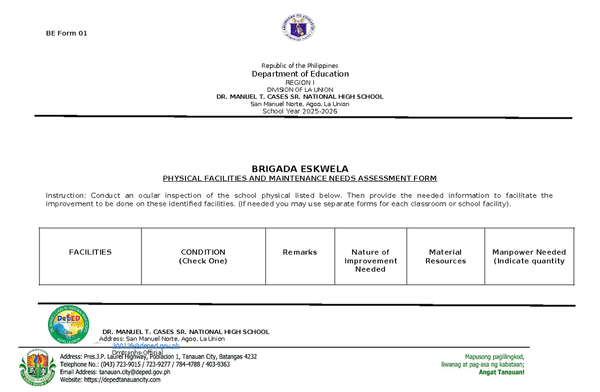 BE Form 01: Physical Facilities & Maintenance Needs Assessment - Studocu