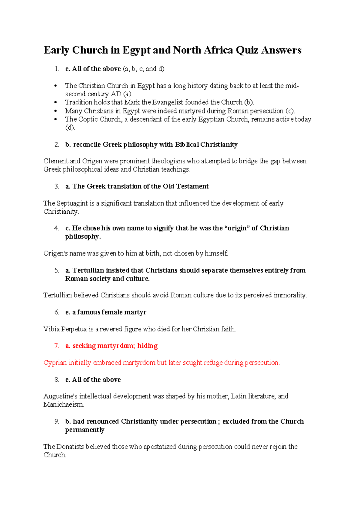 Early Church in Egypt & North Africa Quiz Answers (Quiz 2) - Studocu