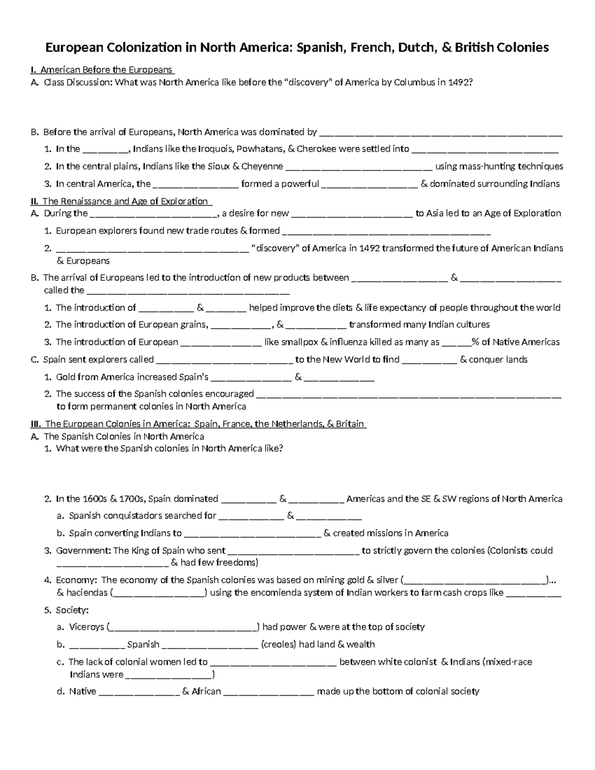 European Colonization in North America: Guided Notes on Spanish, French ...