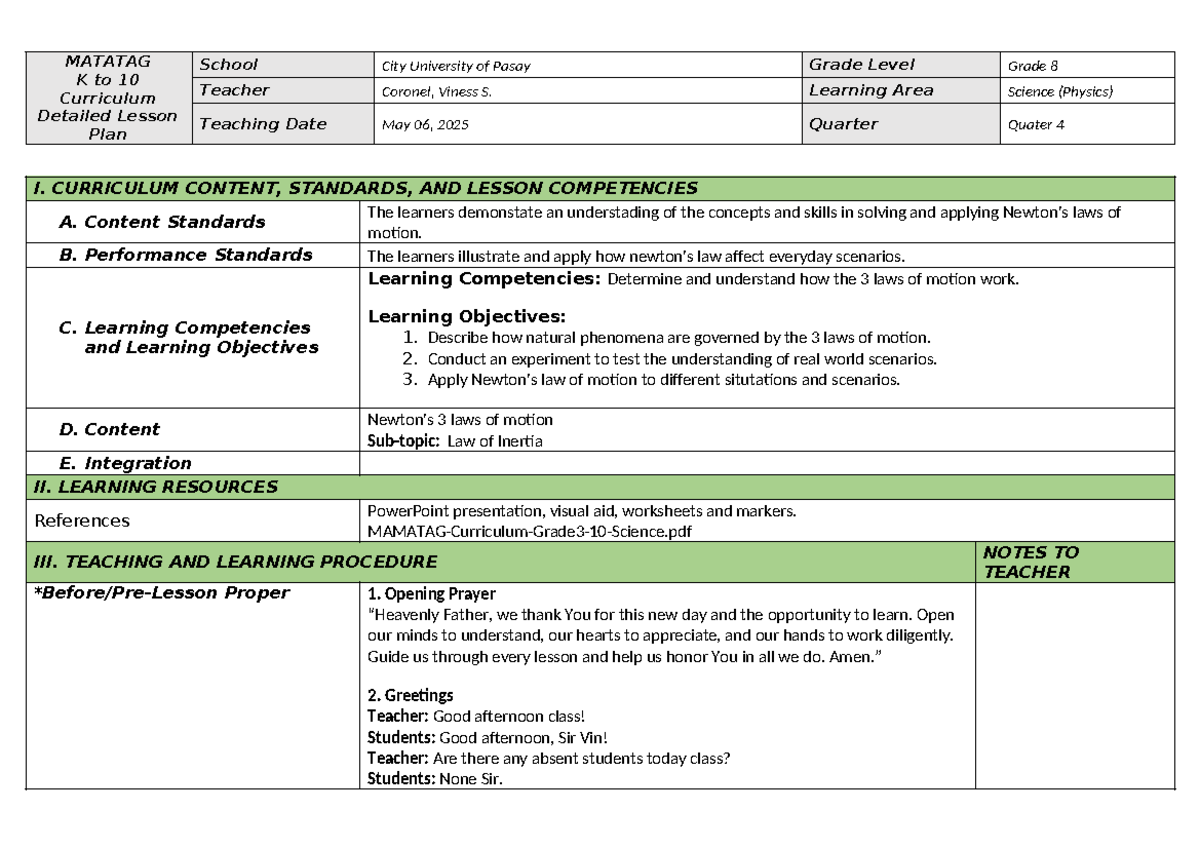 Newton's Laws of Motion Lesson Plan (Grade 8, MATATAG K to 10) - Studocu