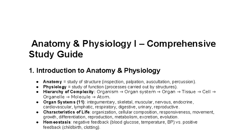 Anatomy & Physiology I Comprehensive Study Guide - Studocu
