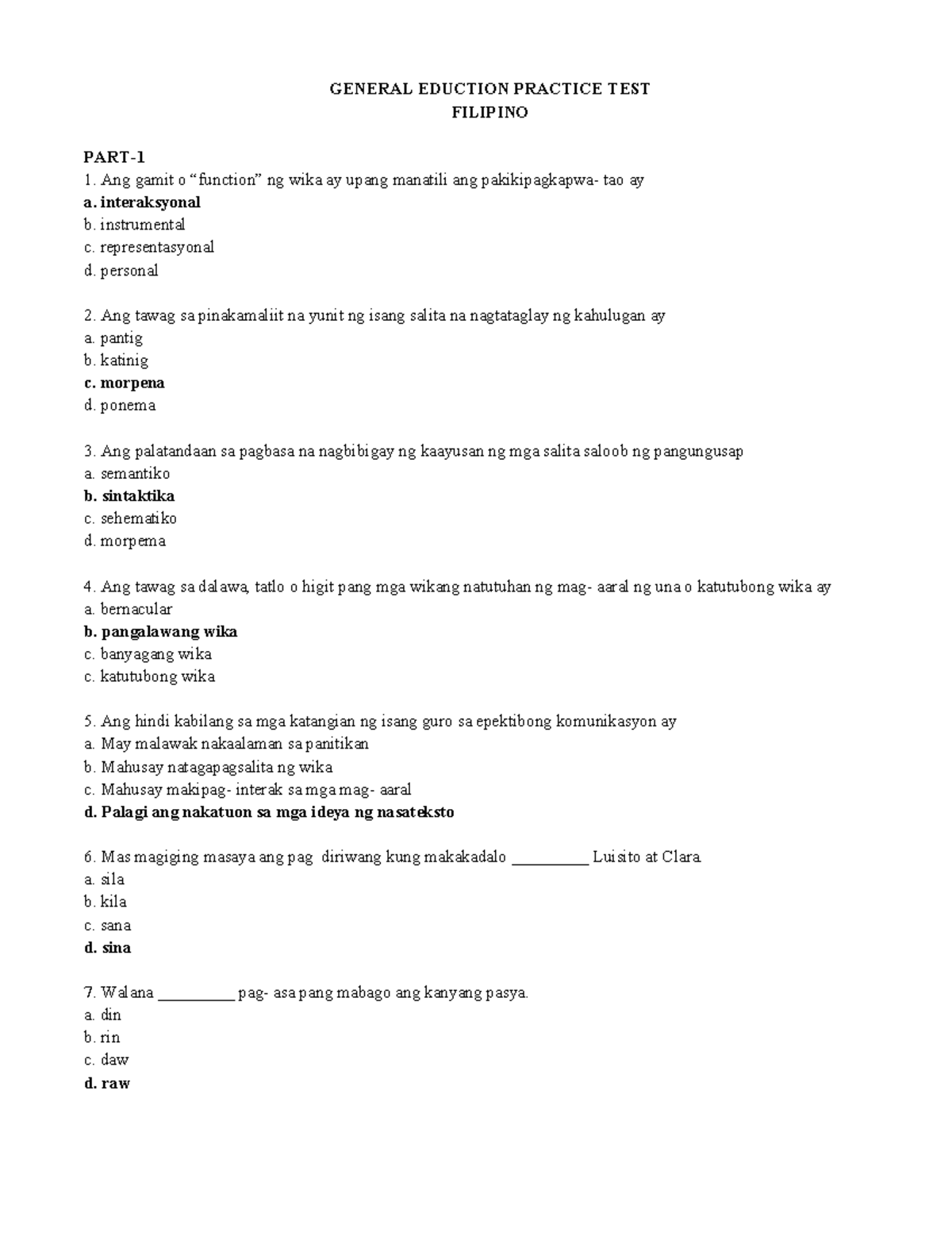 GENERAL EDUCATION PRACTICE TEST FILIPINO 1 - Studocu