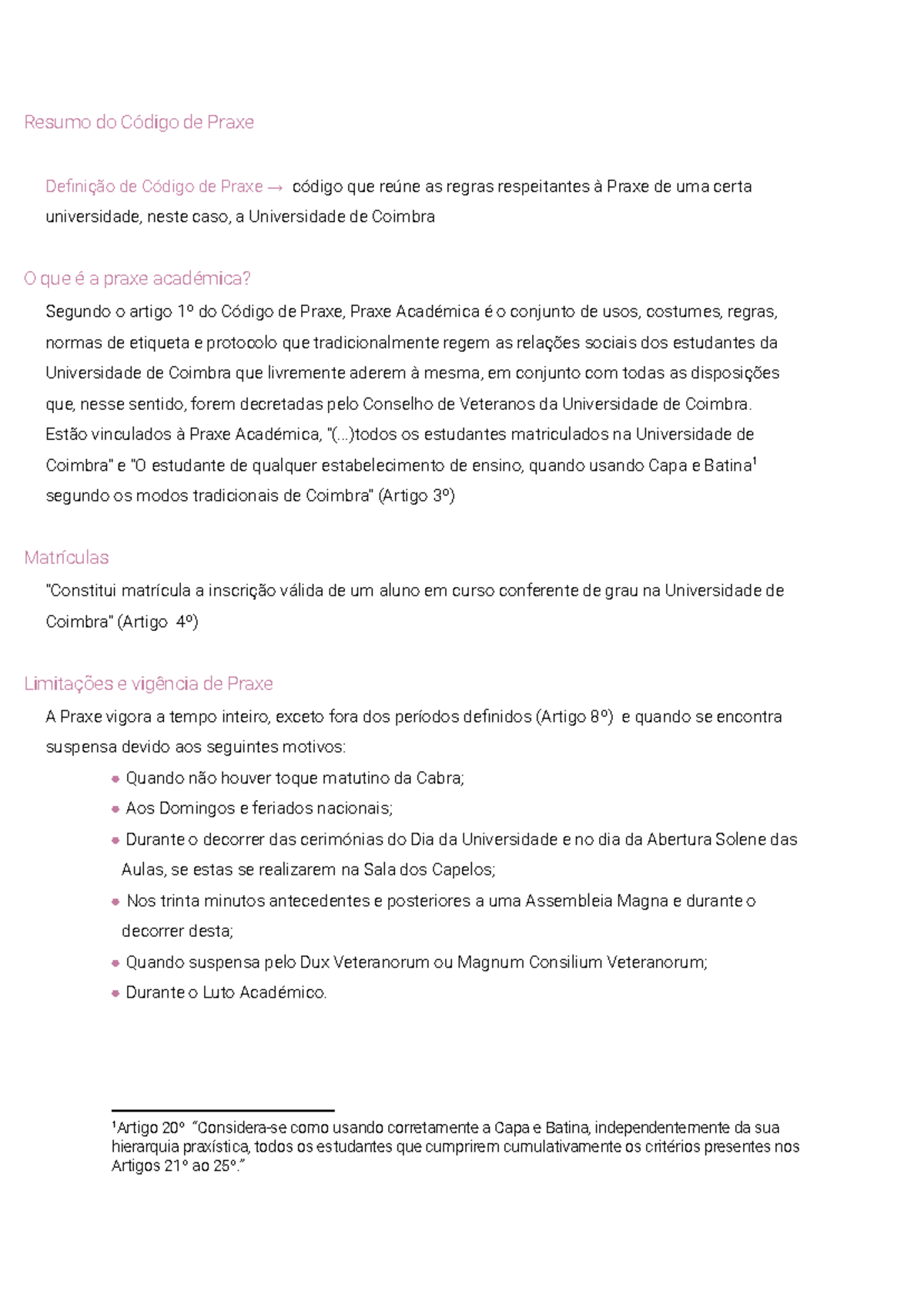 Resumo do Código de Praxe da Universidade de Coimbra - Studocu