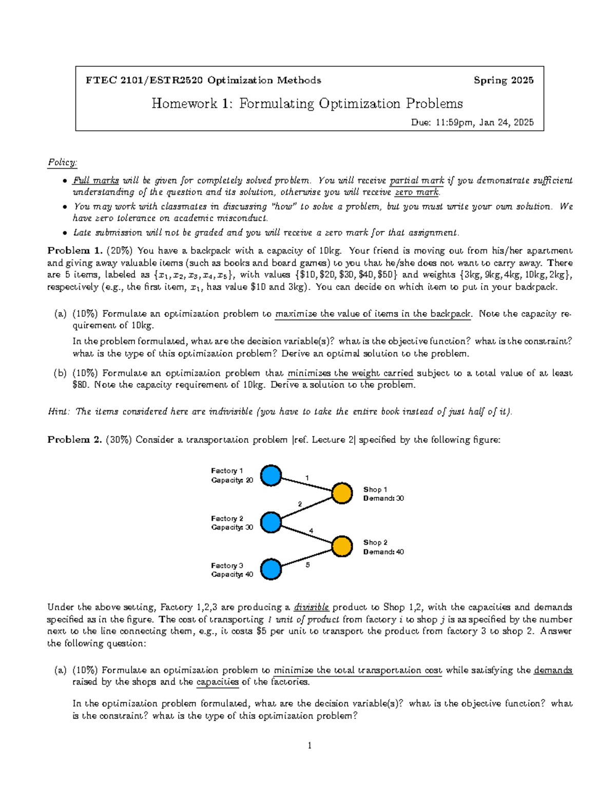FTEC 2025 Homework 1: Formulating Optimization Problems - Studocu