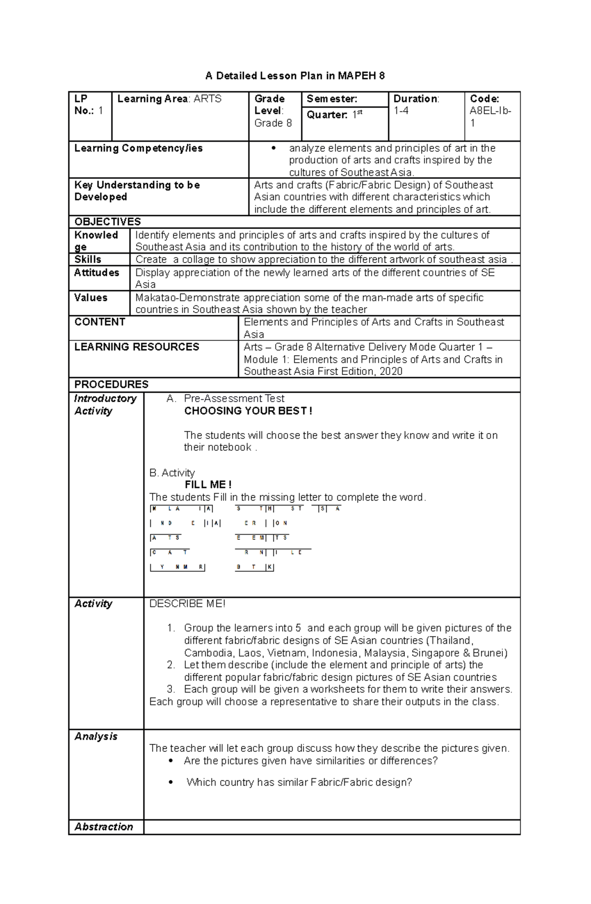 Lesson Plan In Mapeh Grade 8 Lesson Plan Performing Arts Lesson Plan