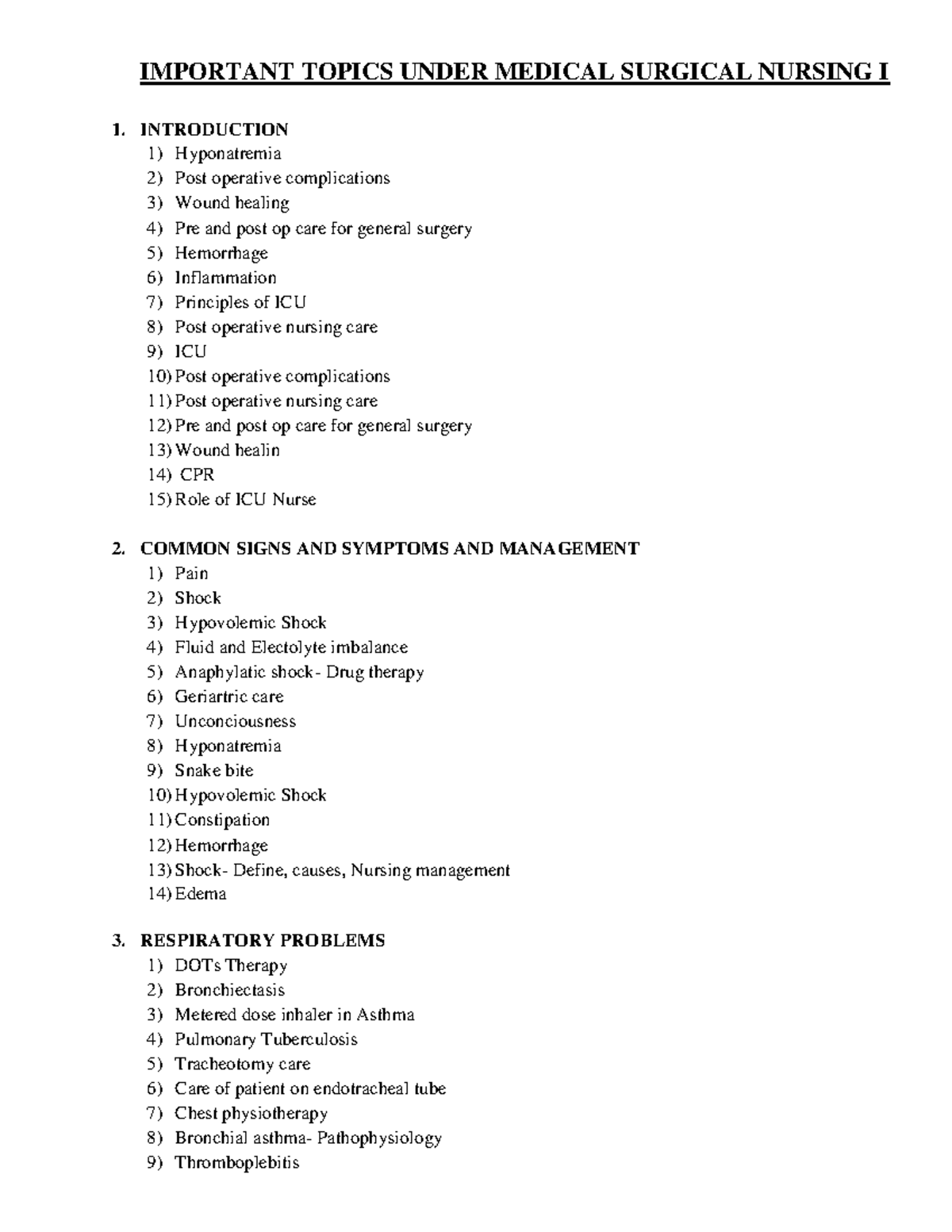 Medical Surgical Nursing I: Important Topics & Questions Guide - Studocu