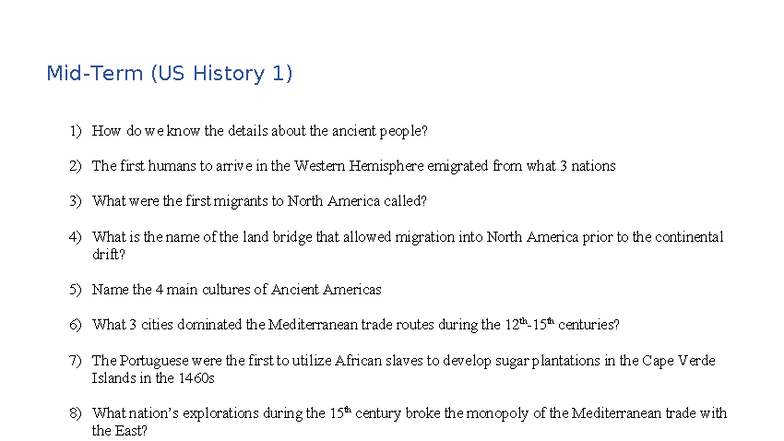 Mid-Term Exam Review: US History 1 - Key Concepts & Events - Studocu
