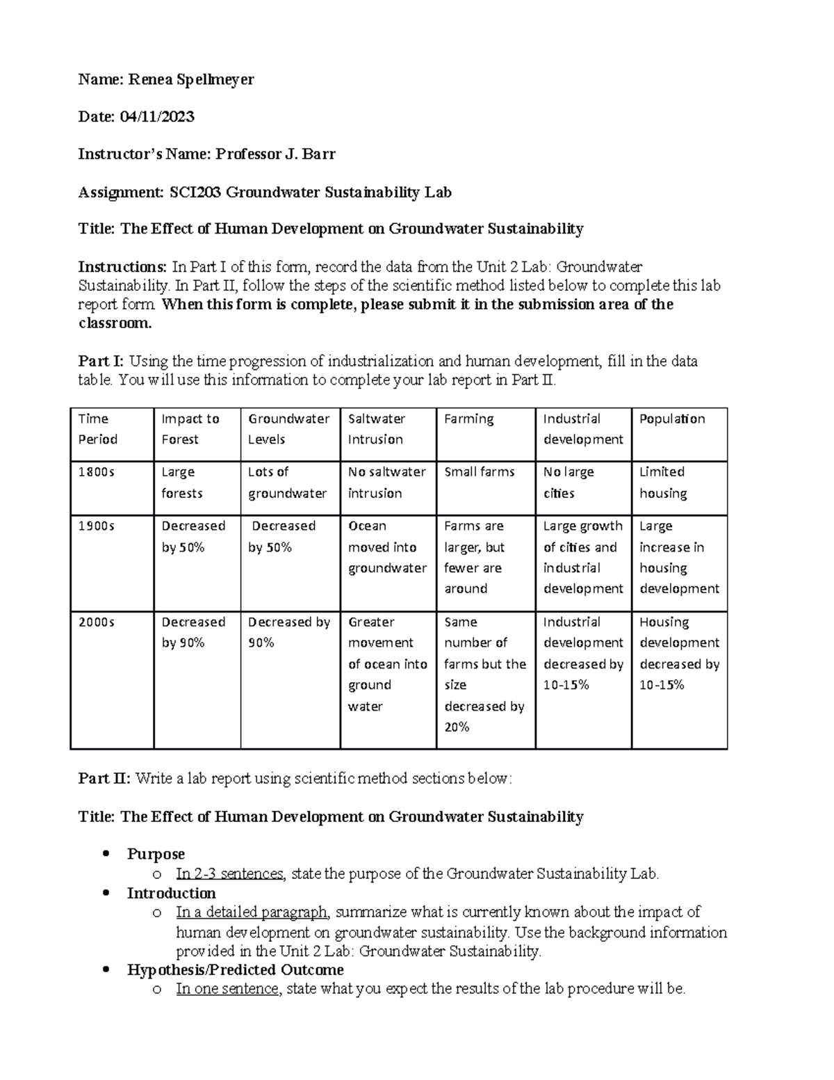 SCI203 Unit 2 Lab Report: Human Dev's Impact on Groundwater ...