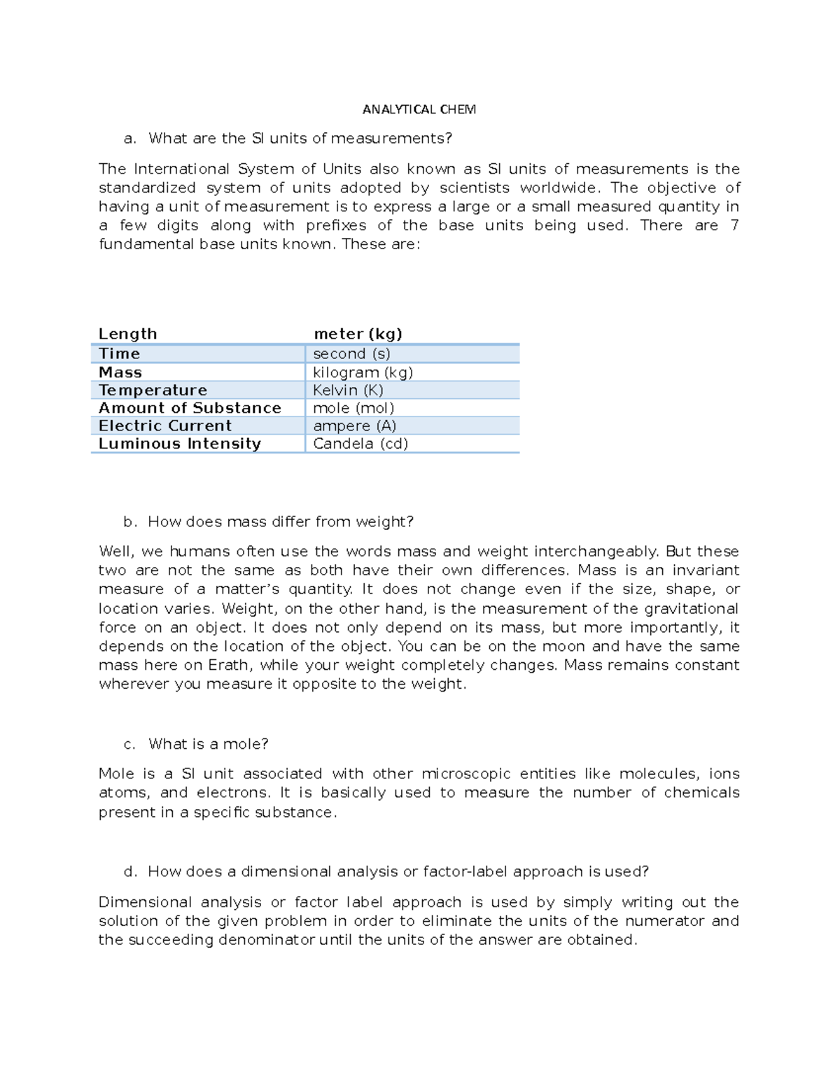 CHEM Guide Question Activity - ANALYTICAL CHEM a. What are the SI units ...