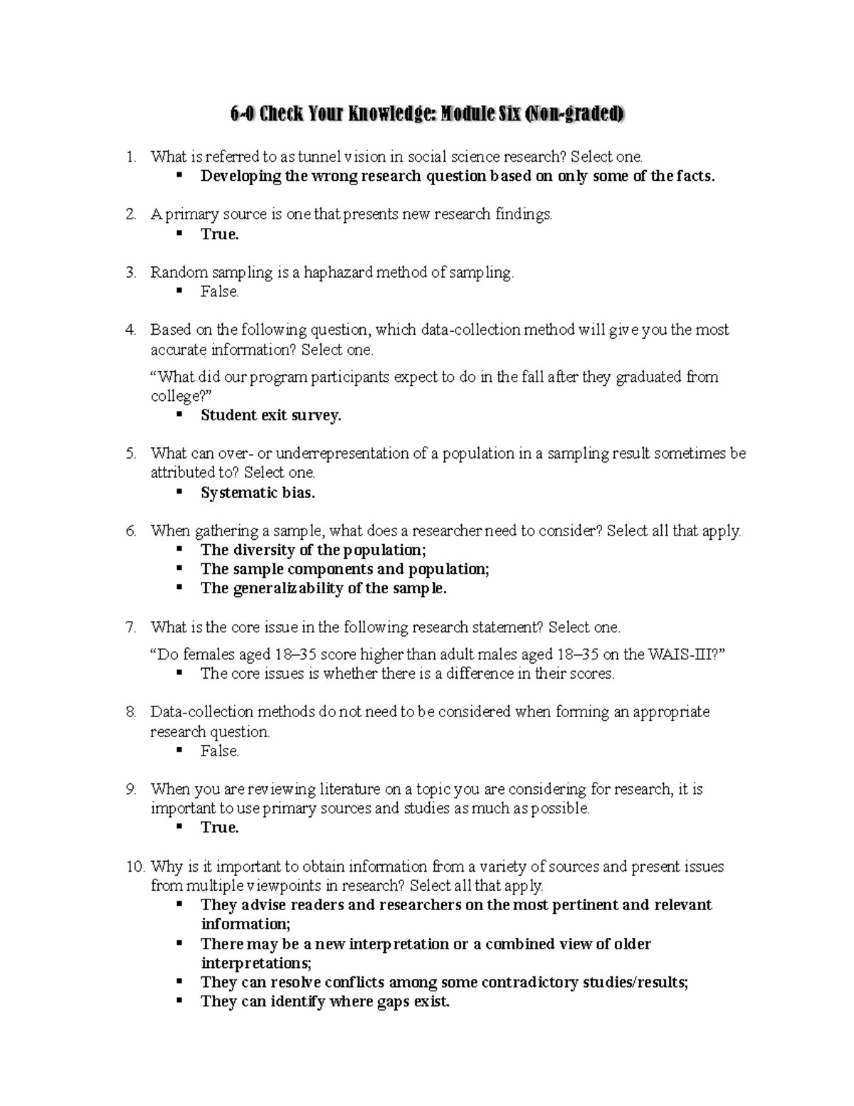 6-0 Check Your Knowledge: Non-graded Quiz for Module Six - Studocu