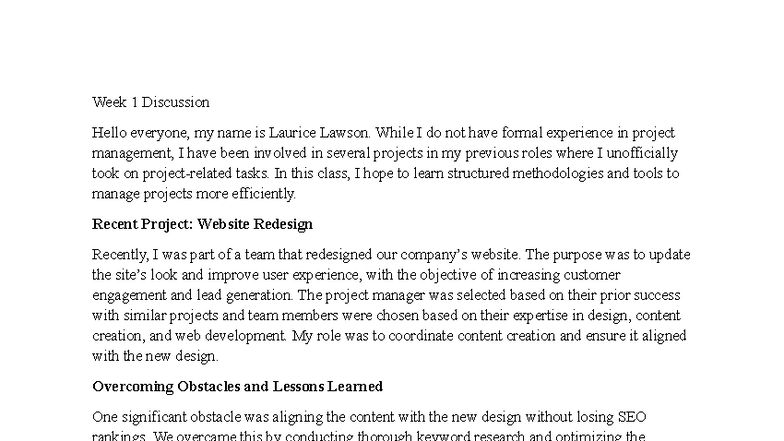 PM WK 1 Discussion: Project Management Insights by Laurice Lawson - Studocu